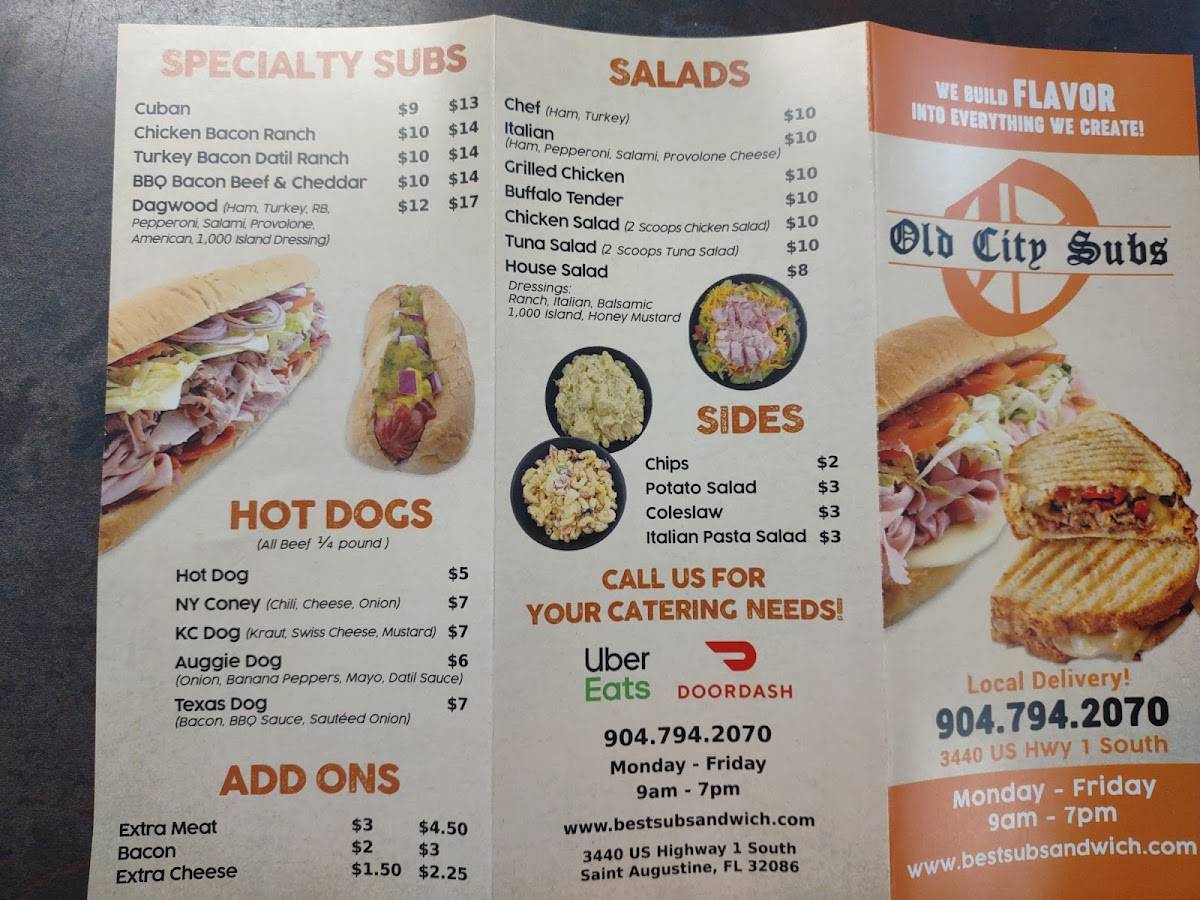 Menu at Old City Subs restaurant, St. Augustine, US-1