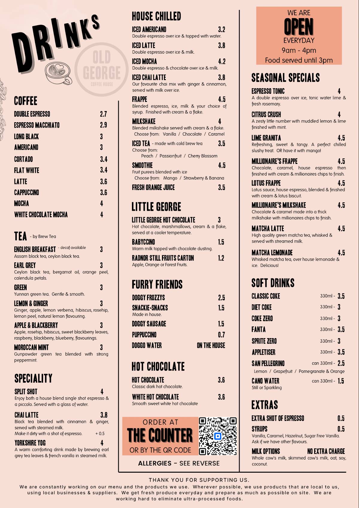 Menu at Old George Huddersfield cafe, Huddersfield