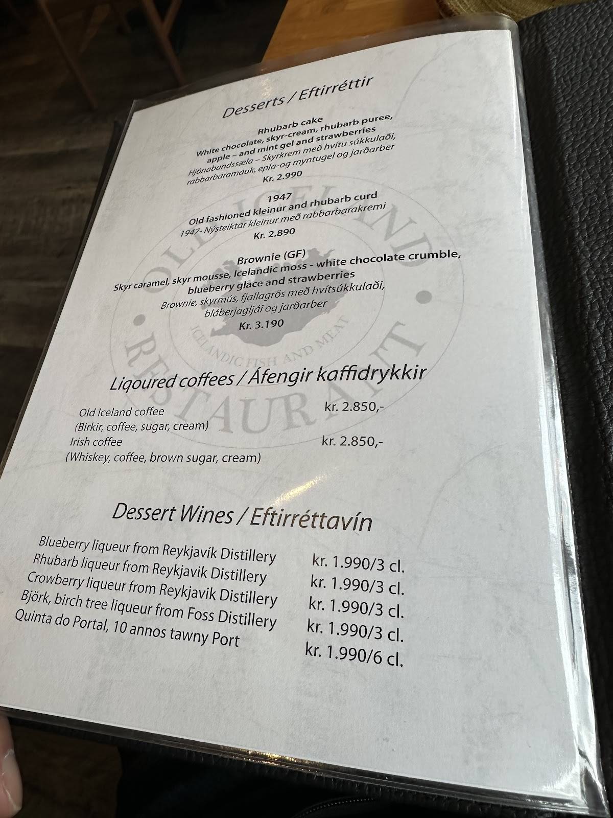 Menu at Old Iceland restaurant, Reykjavík