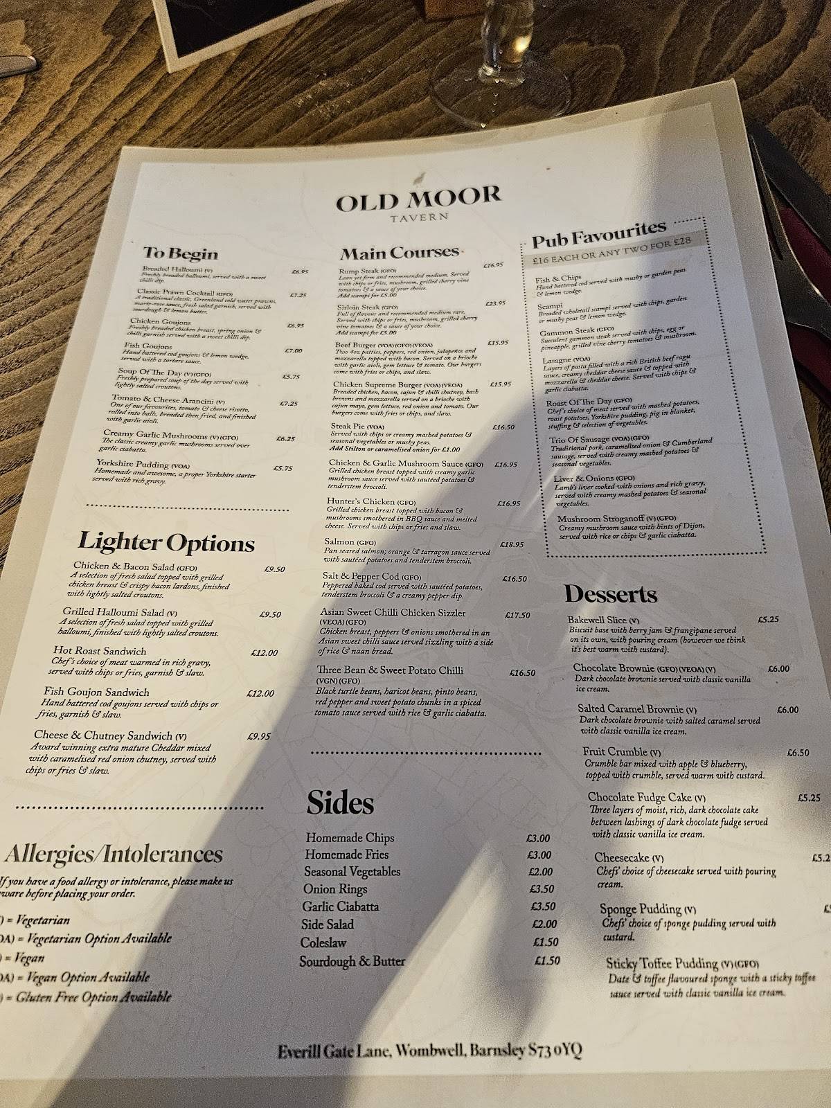 Menu at Old Moor Tavern pub & bar, Barnsley