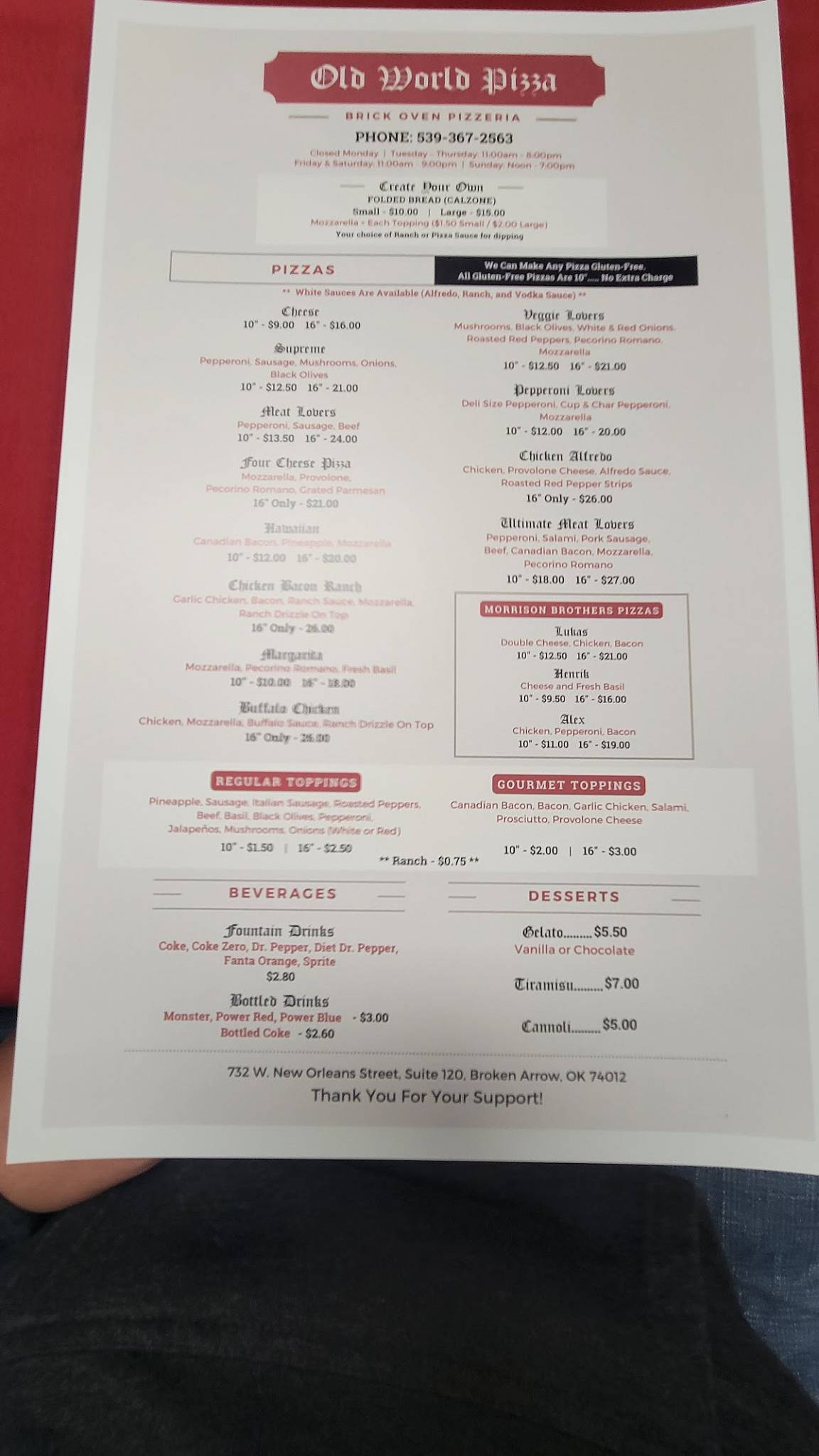 Menu at Old World Pizza pizzeria, Broken Arrow