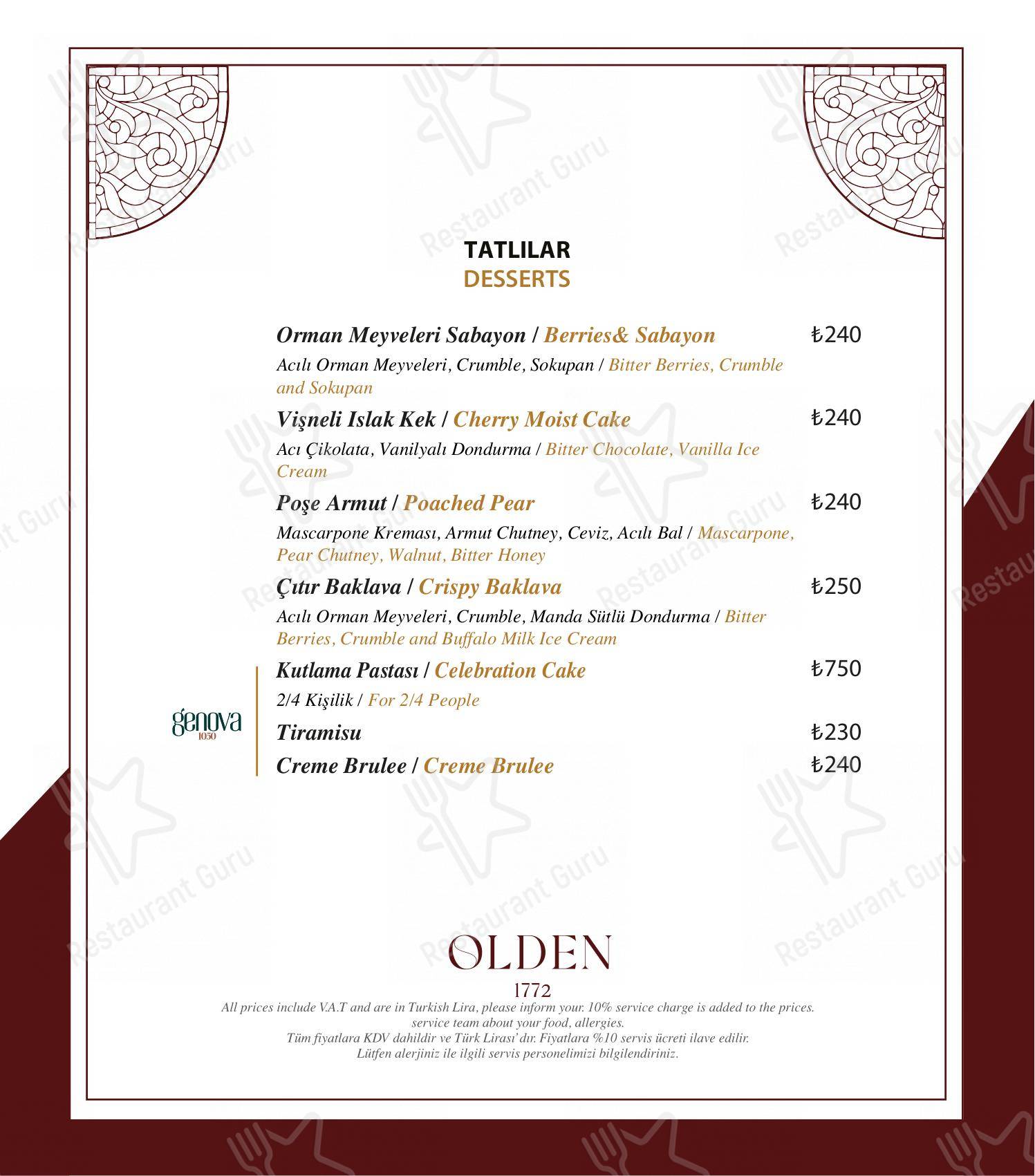 Menu at Olden 1772, Istanbul