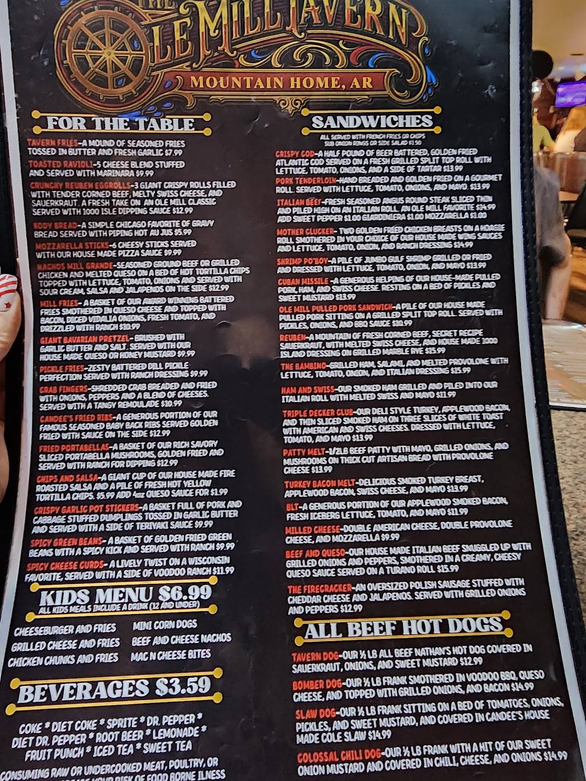Menu at Ole Mill Tavern pub & bar, Mountain Home, US-62
