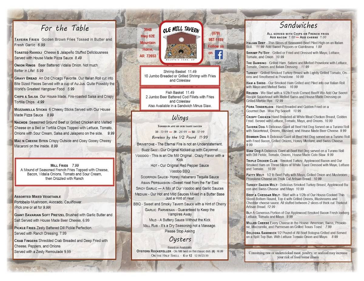 Menu at Ole Mill Tavern pub & bar, Mountain Home, US-62