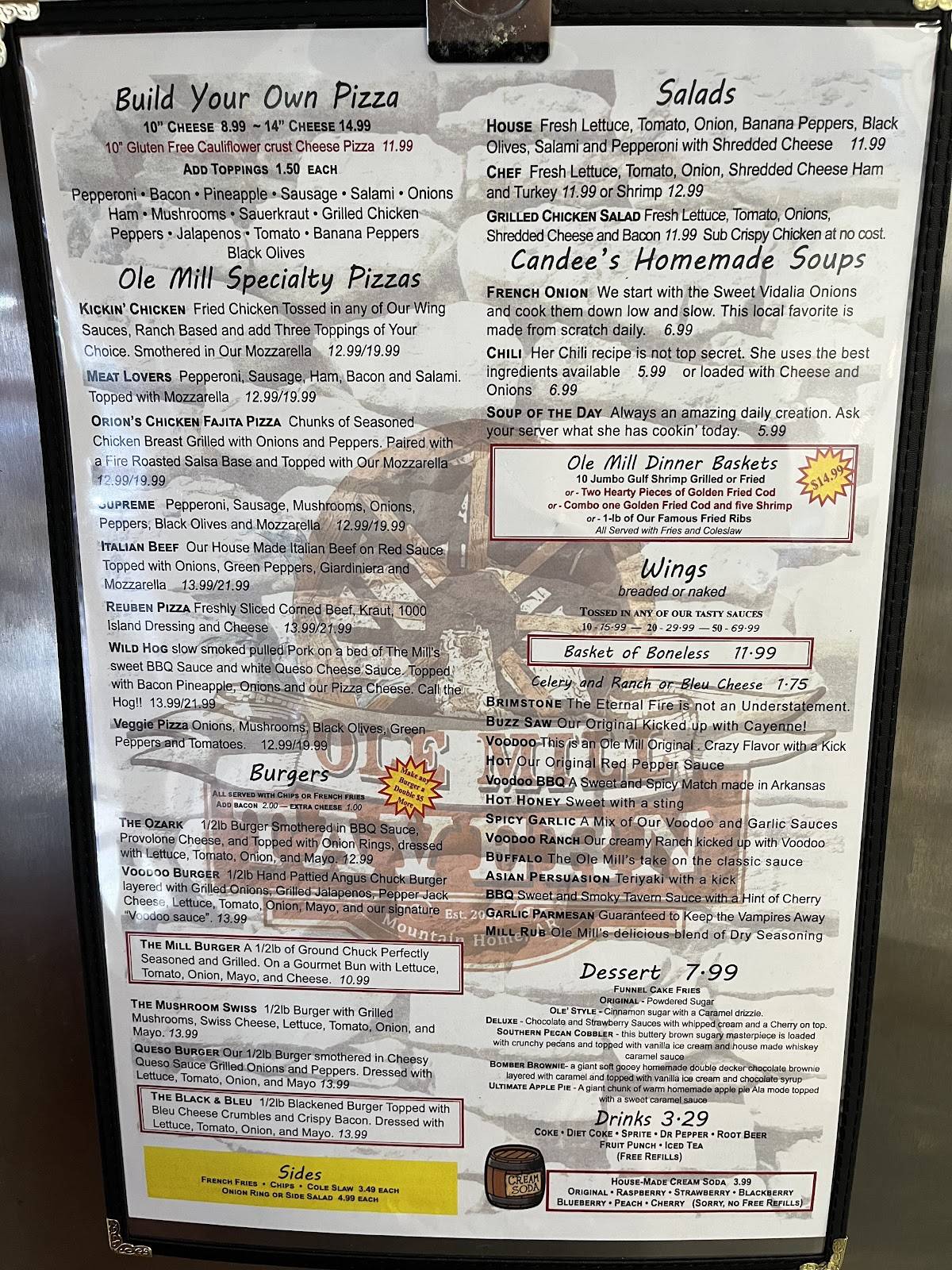 Menu at Ole Mill Tavern pub & bar, Mountain Home, US-62