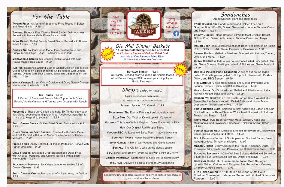 Menu at Ole Mill Tavern pub & bar, Mountain Home, US-62
