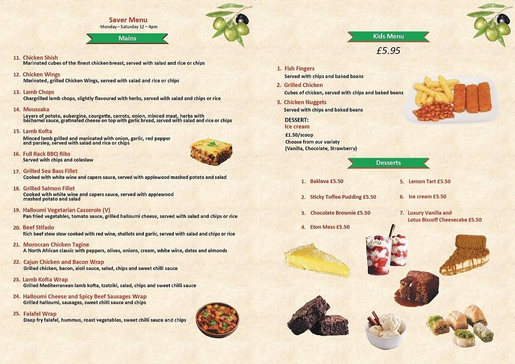Menu at Olive Tree Restaurant, Bristol, 773 Fishponds Rd
