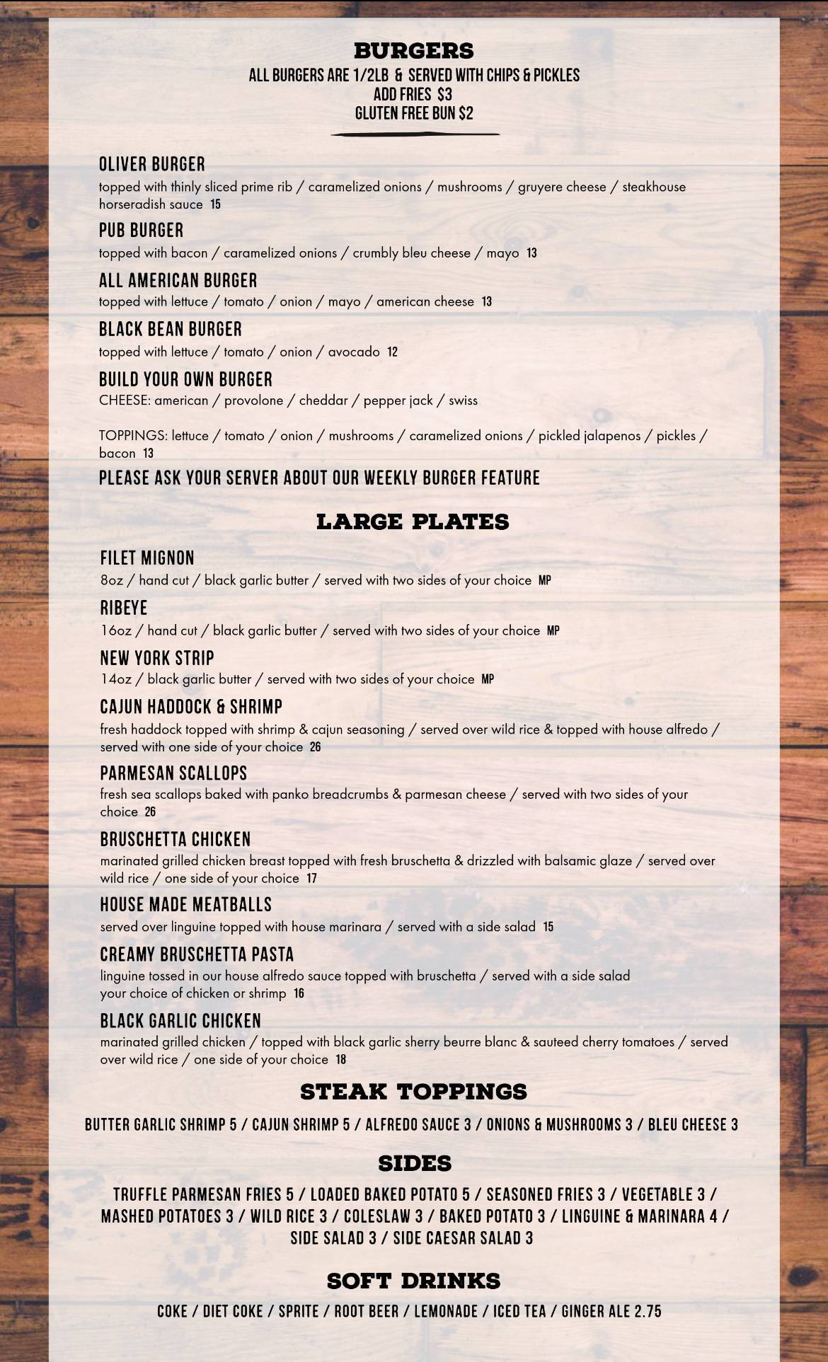 Menu at Oliver's Pub & Grill, Wysox