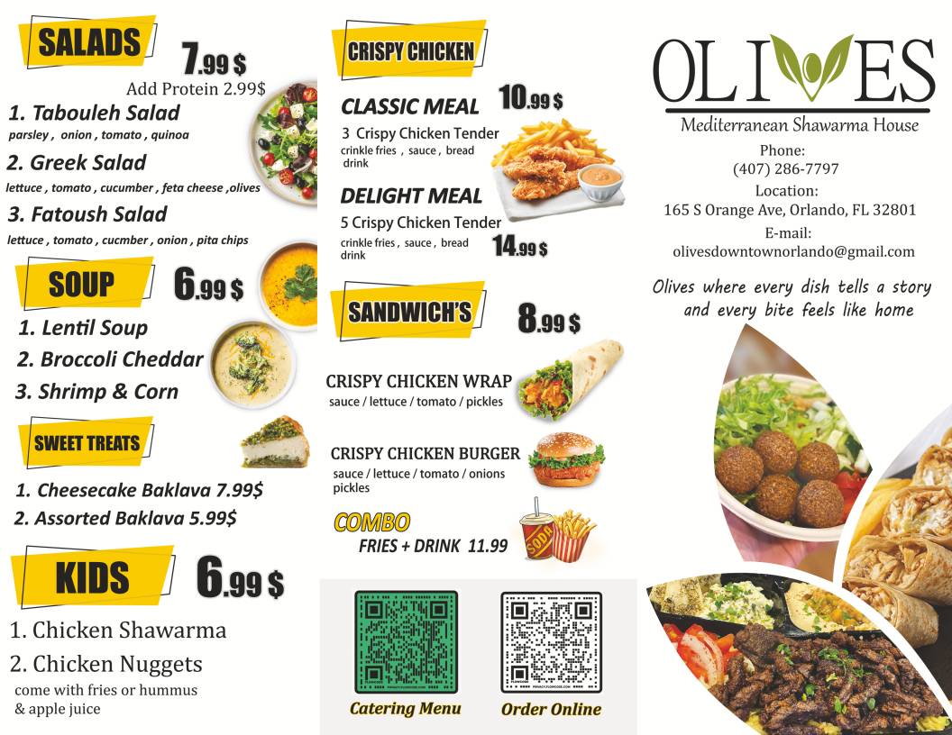 Menu at Olives restaurant, Orlando