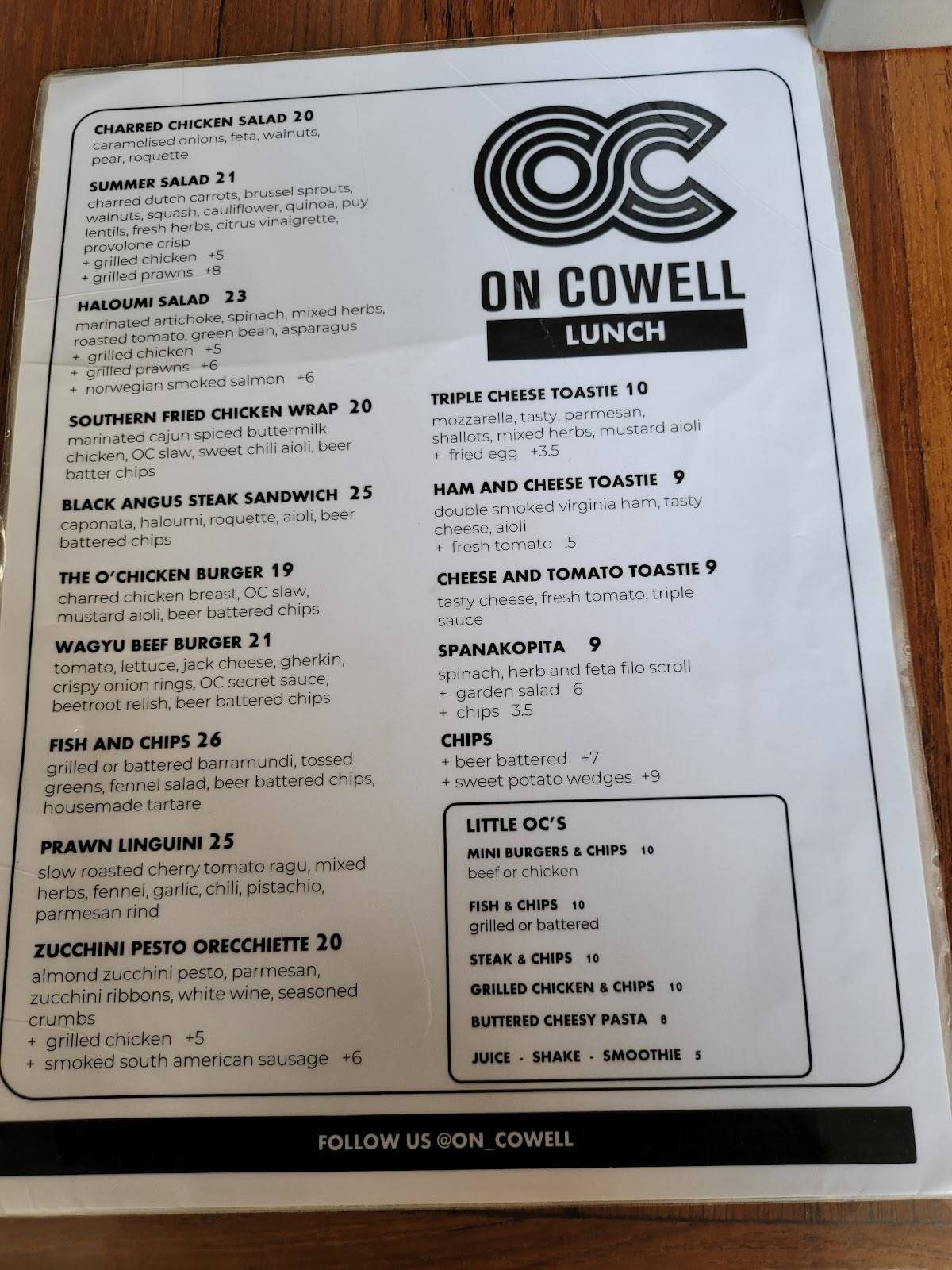 Menu at On Cowell cafe, Gladesville