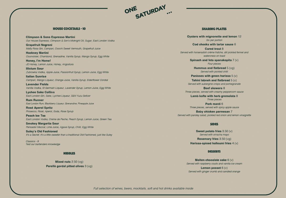 Menu at One Saturday Ltd restaurant, London
