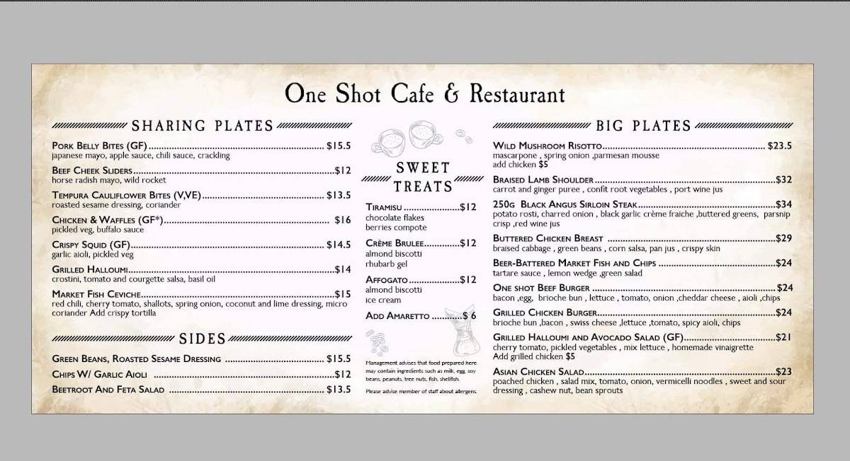 Carta de One Shot Cafe & Restaurant, Auckland