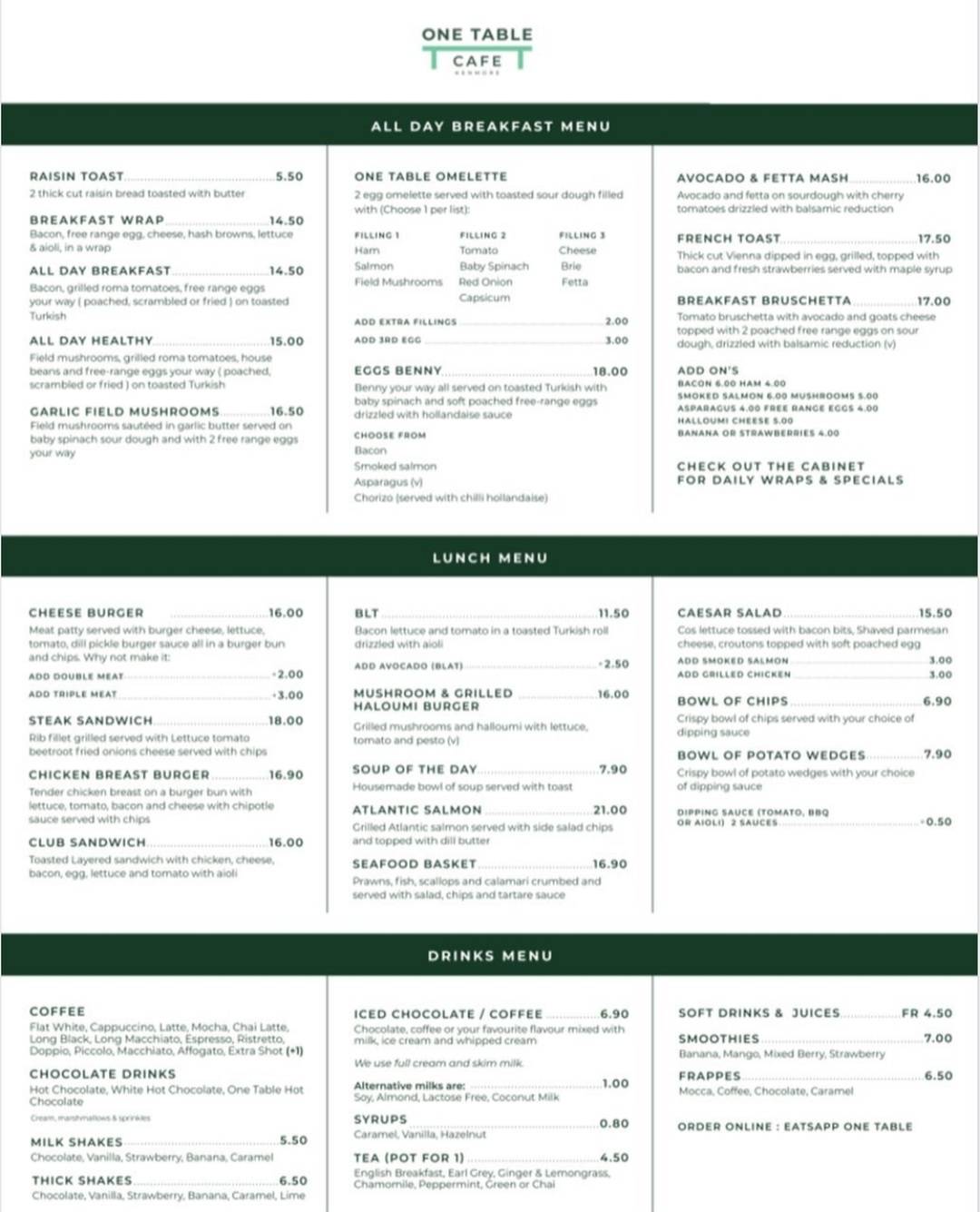 Menu at One Table Cafe Kenmore, Kenmore
