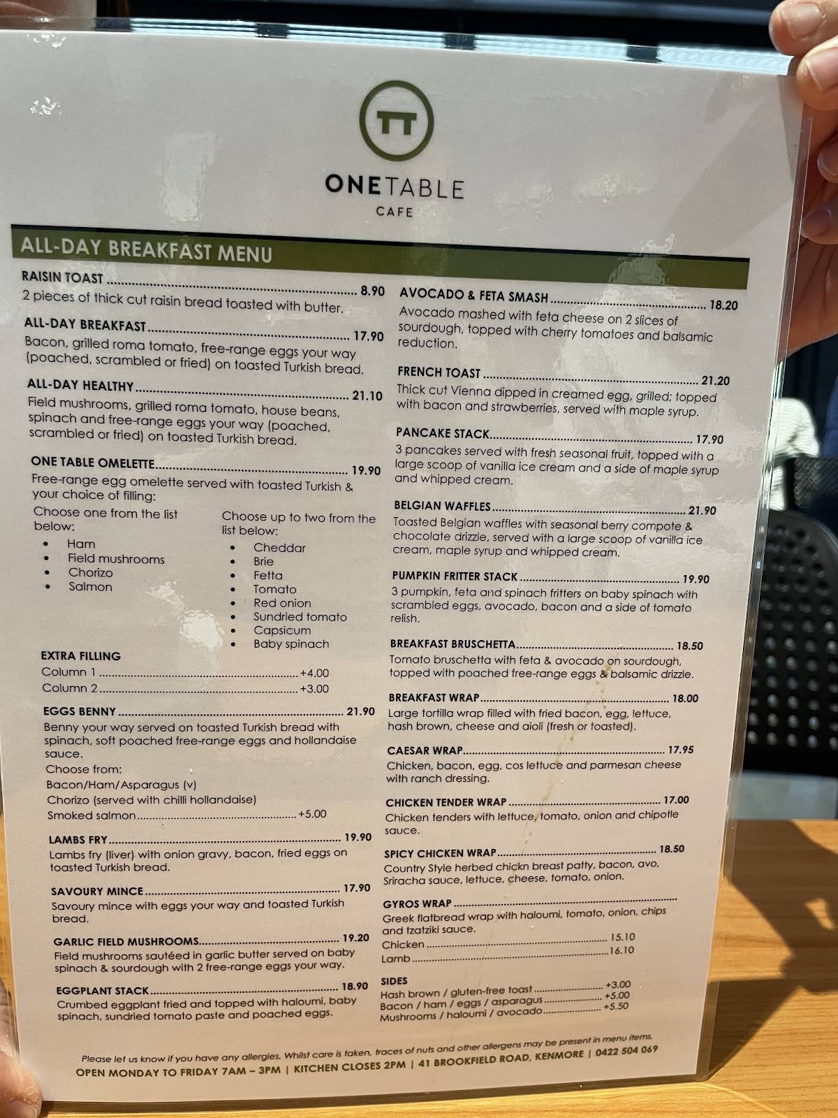 Menu at One Table Cafe Kenmore, Kenmore