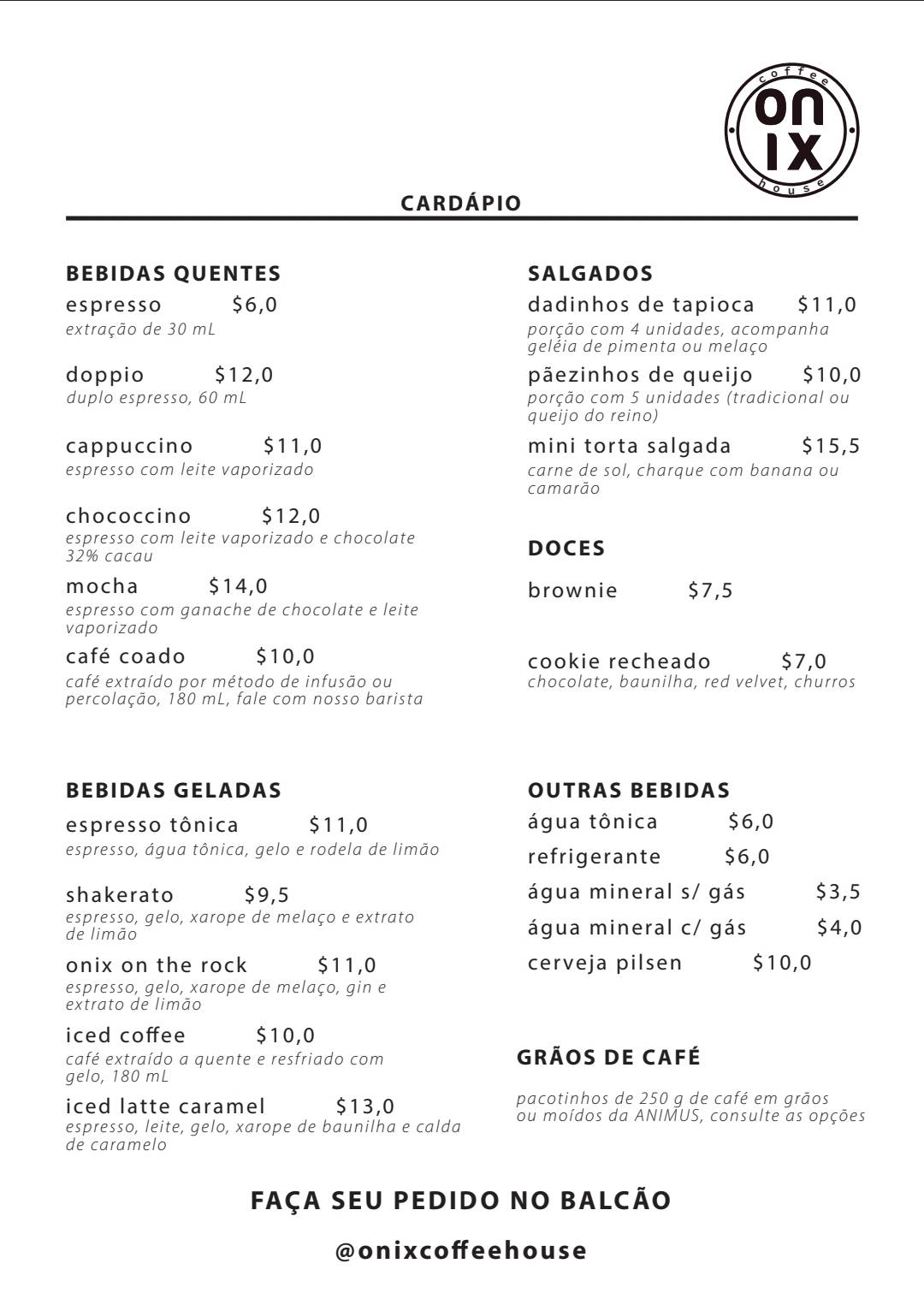 Menu at Onix Coffee House, Aracaju
