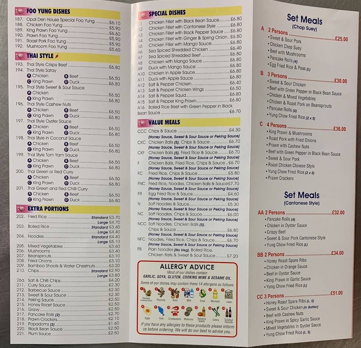 Menu at Opalden restaurant, Bridgend