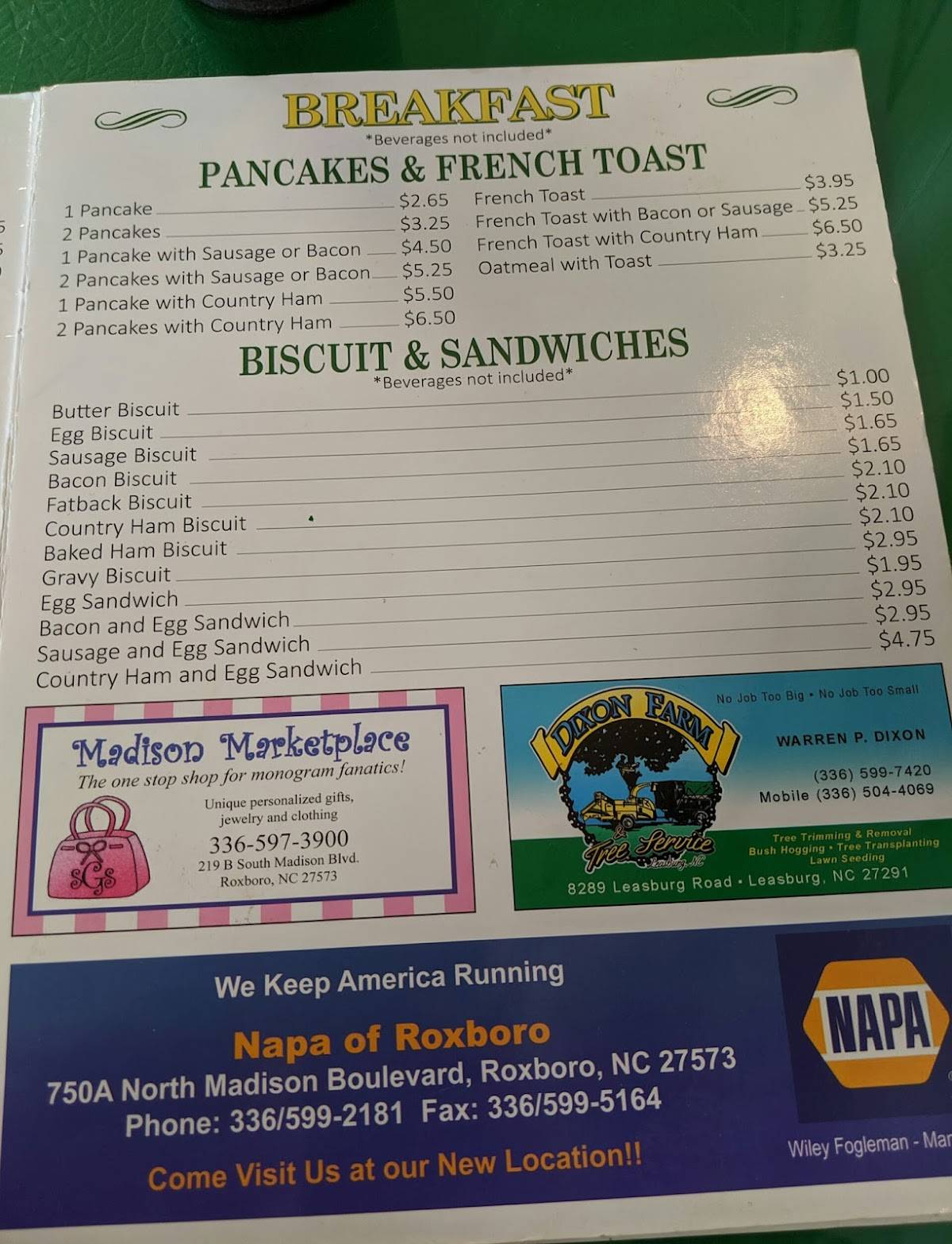 Menu at Open Kettle restaurant, Roxboro