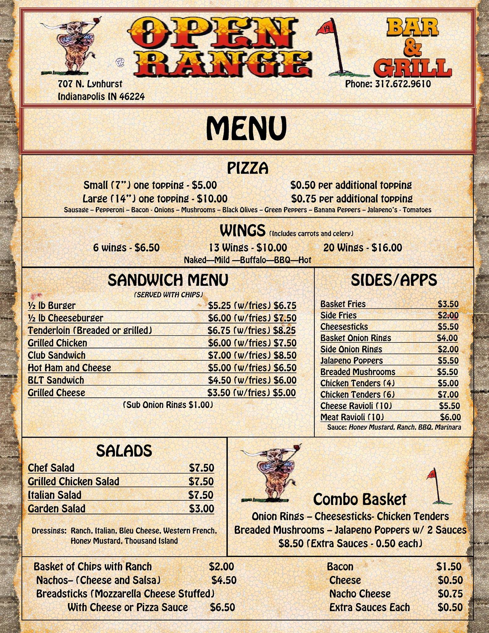 Menu at Open Range Bar & Grill, Indianapolis