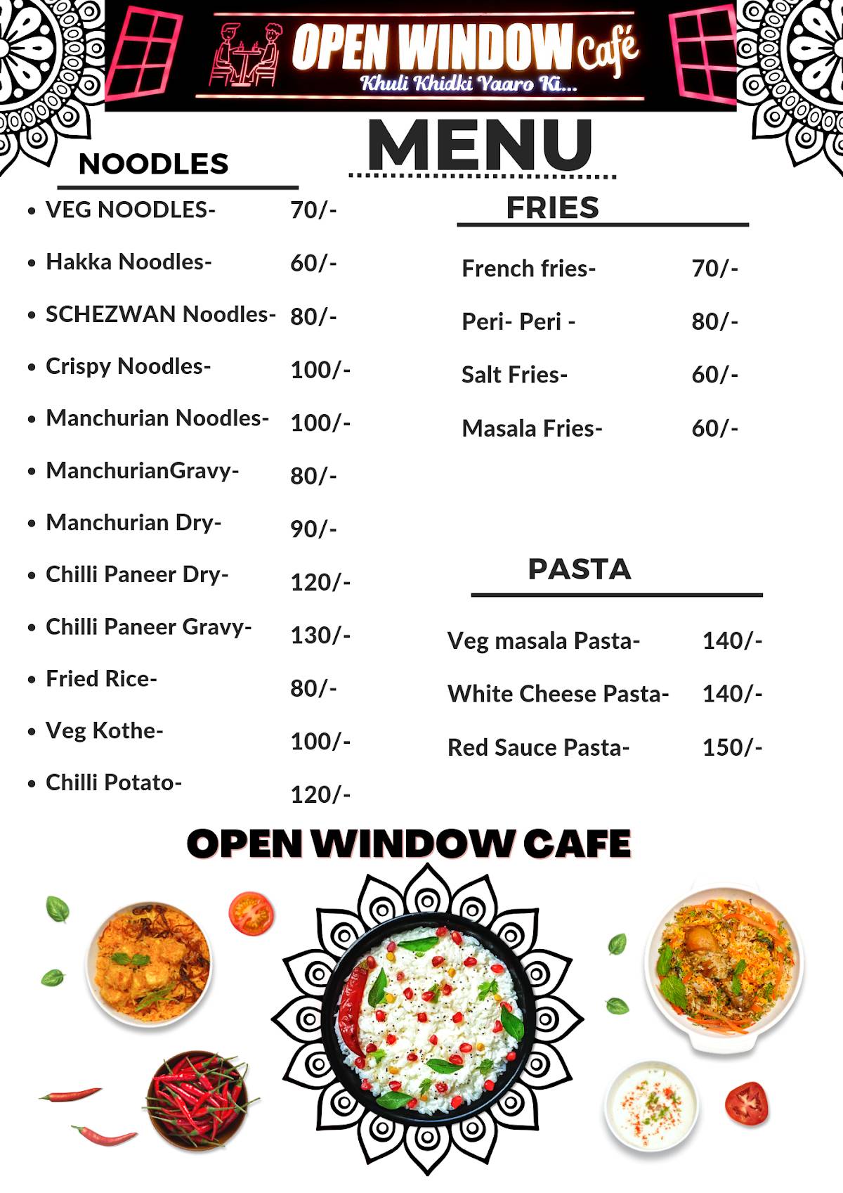 Menu at Open window cafe, Indore