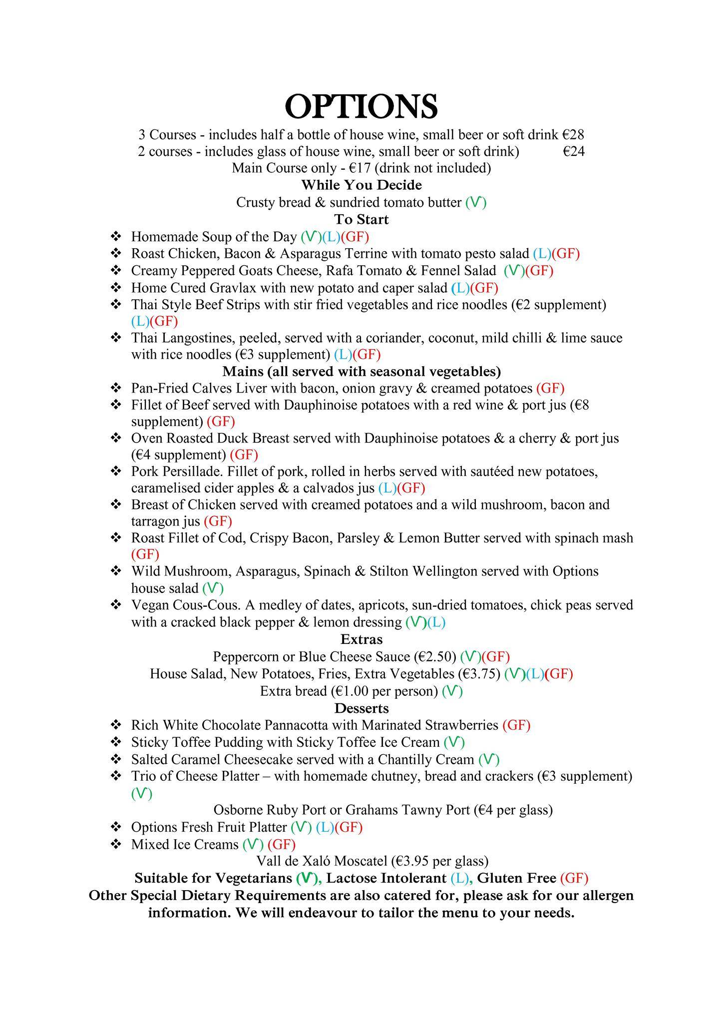 Menu at Options Restaurant, Moraira