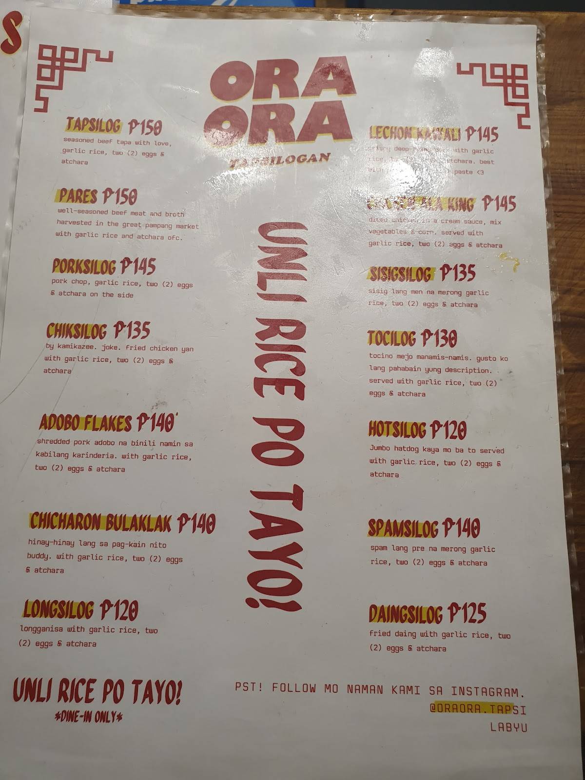 Menu at Ora Ora Tapsilogan - Angeles City restaurant, Angeles