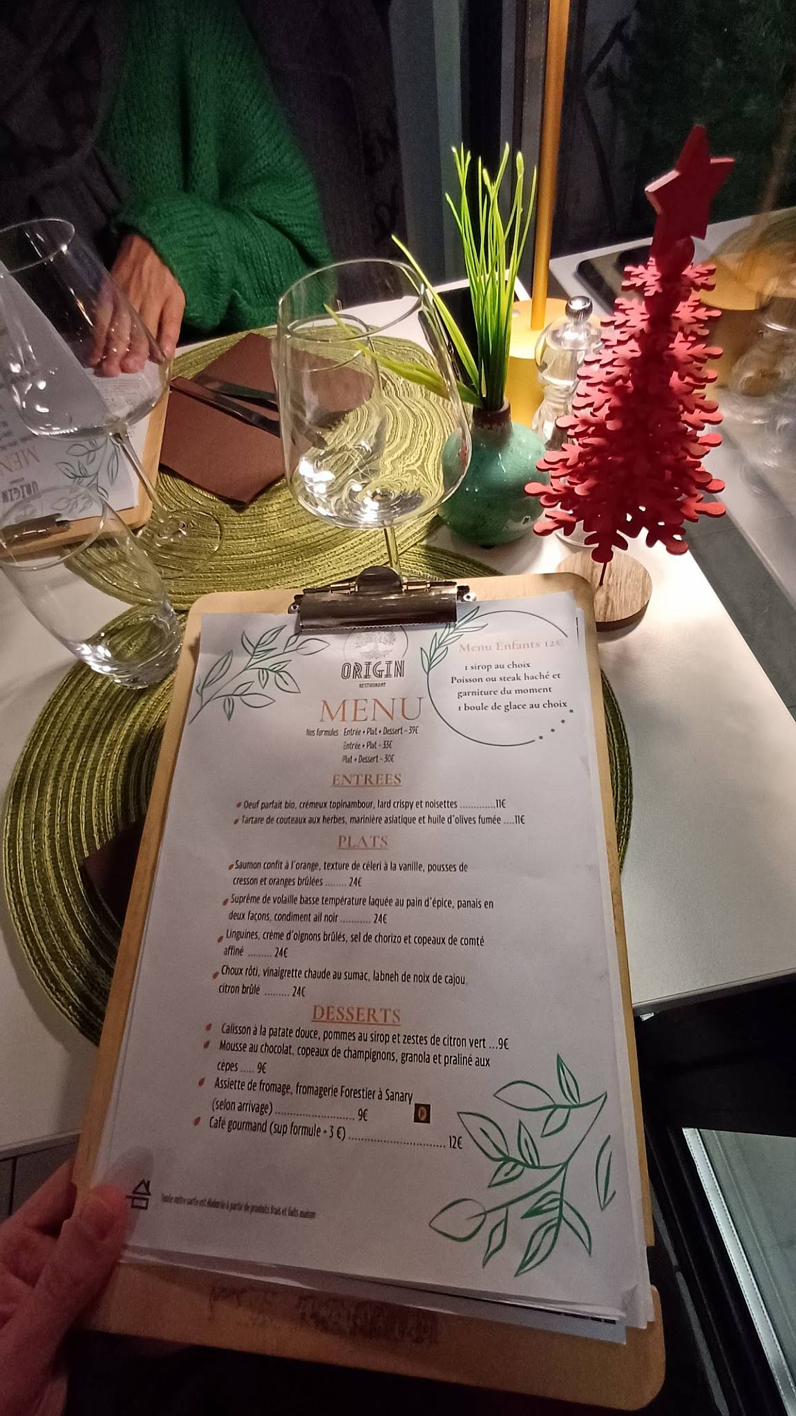Menu au Origin restaurant, Six-Fours-les-Plages