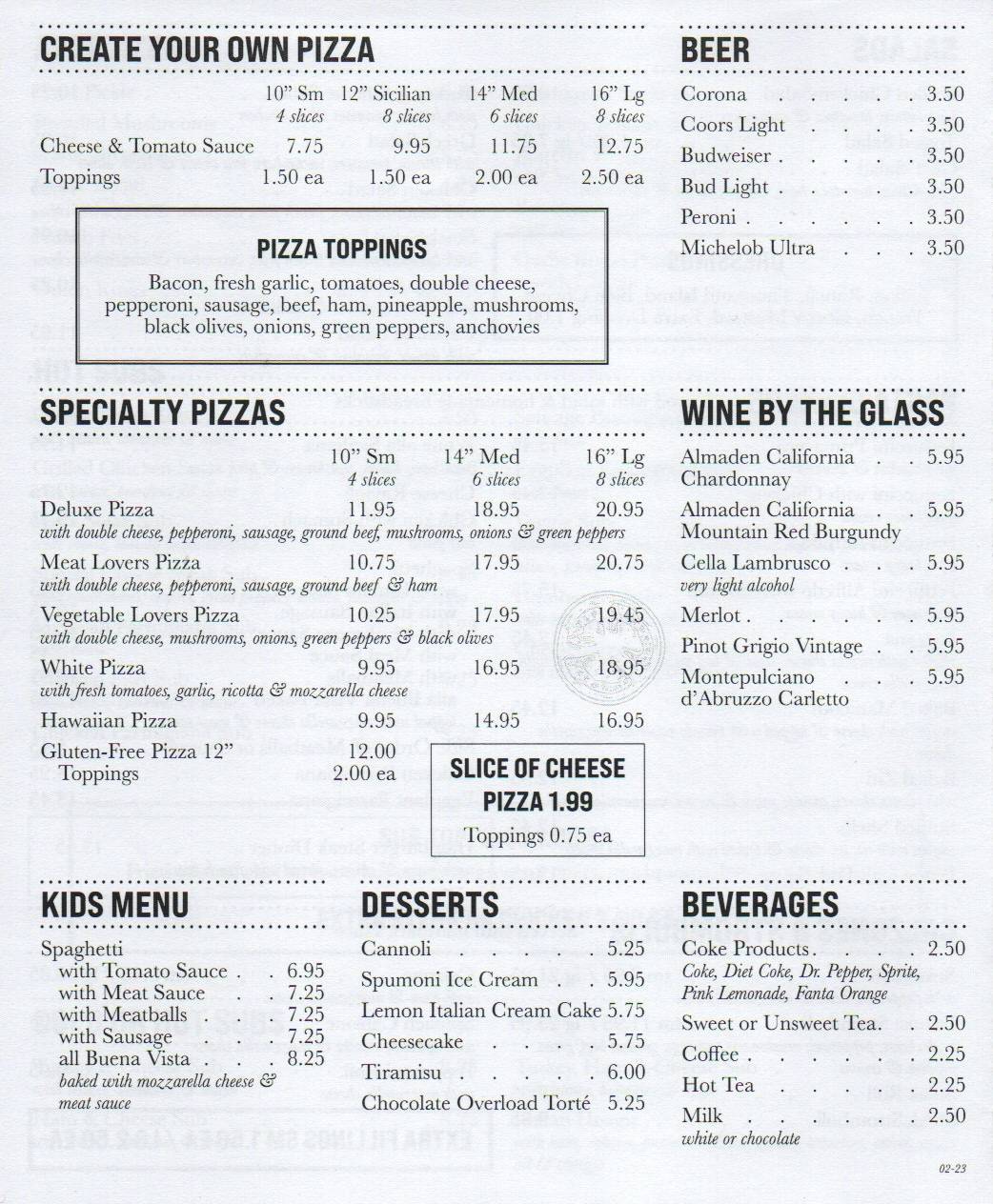 Menu at Original Italian Restaurant, Buena Vista