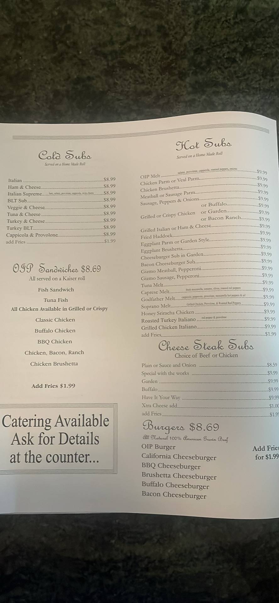 Menu at Original Italian pizza frackville pizzeria, Frackville
