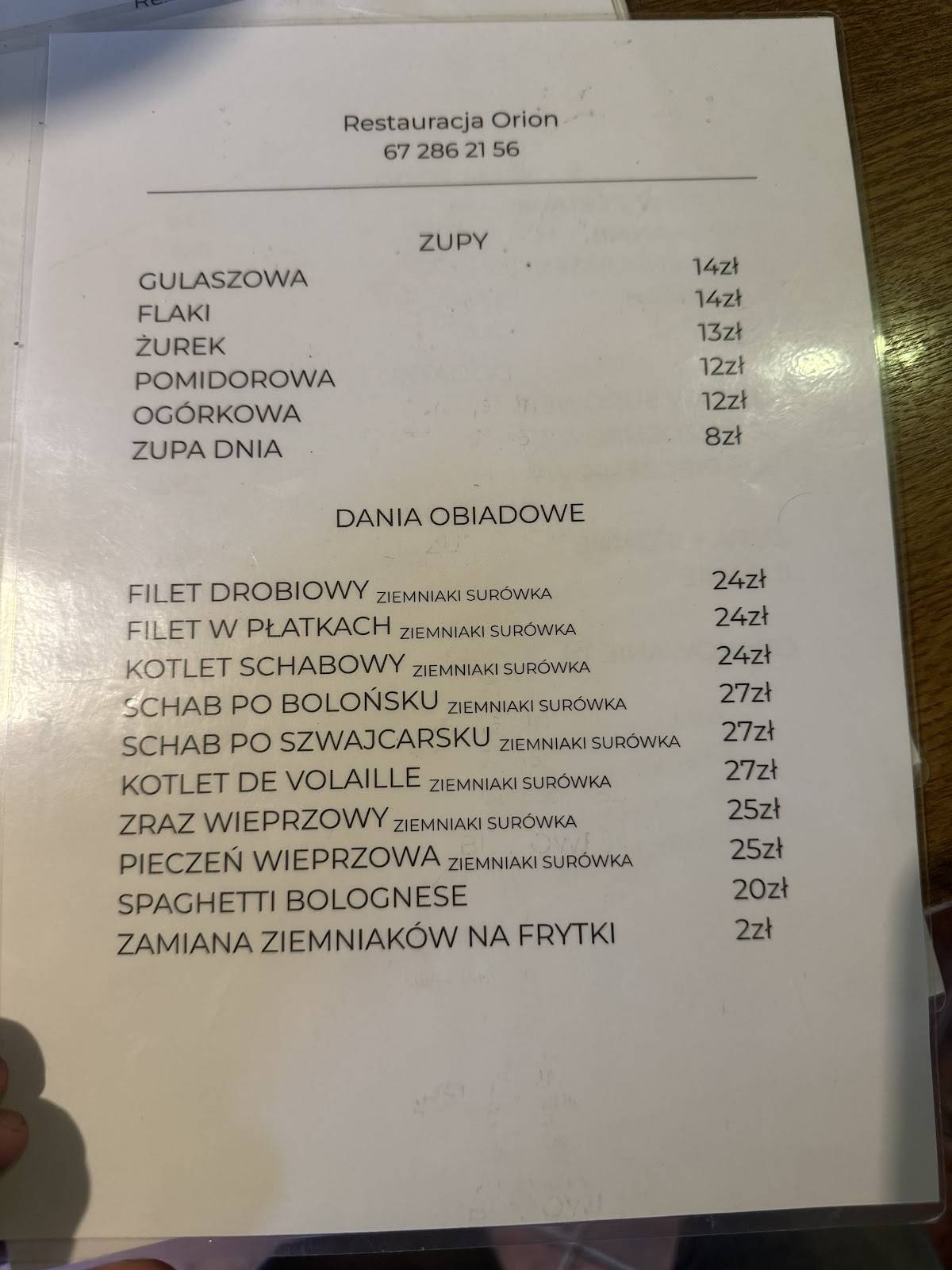 Menu at Orion. Restauracja restaurant, Wyrzysk