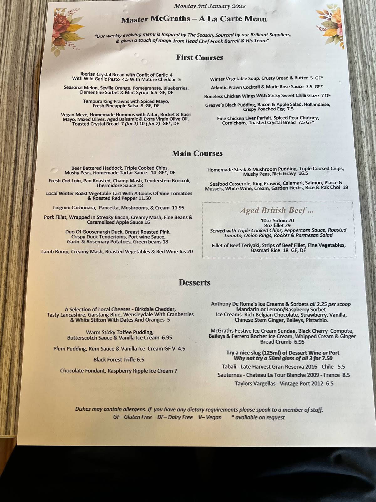 Menu at Master McGraths restaurant, Ormskirk