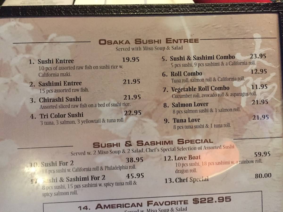 Menu at Osaka Sushi and Hibachi restaurant, Woodbury