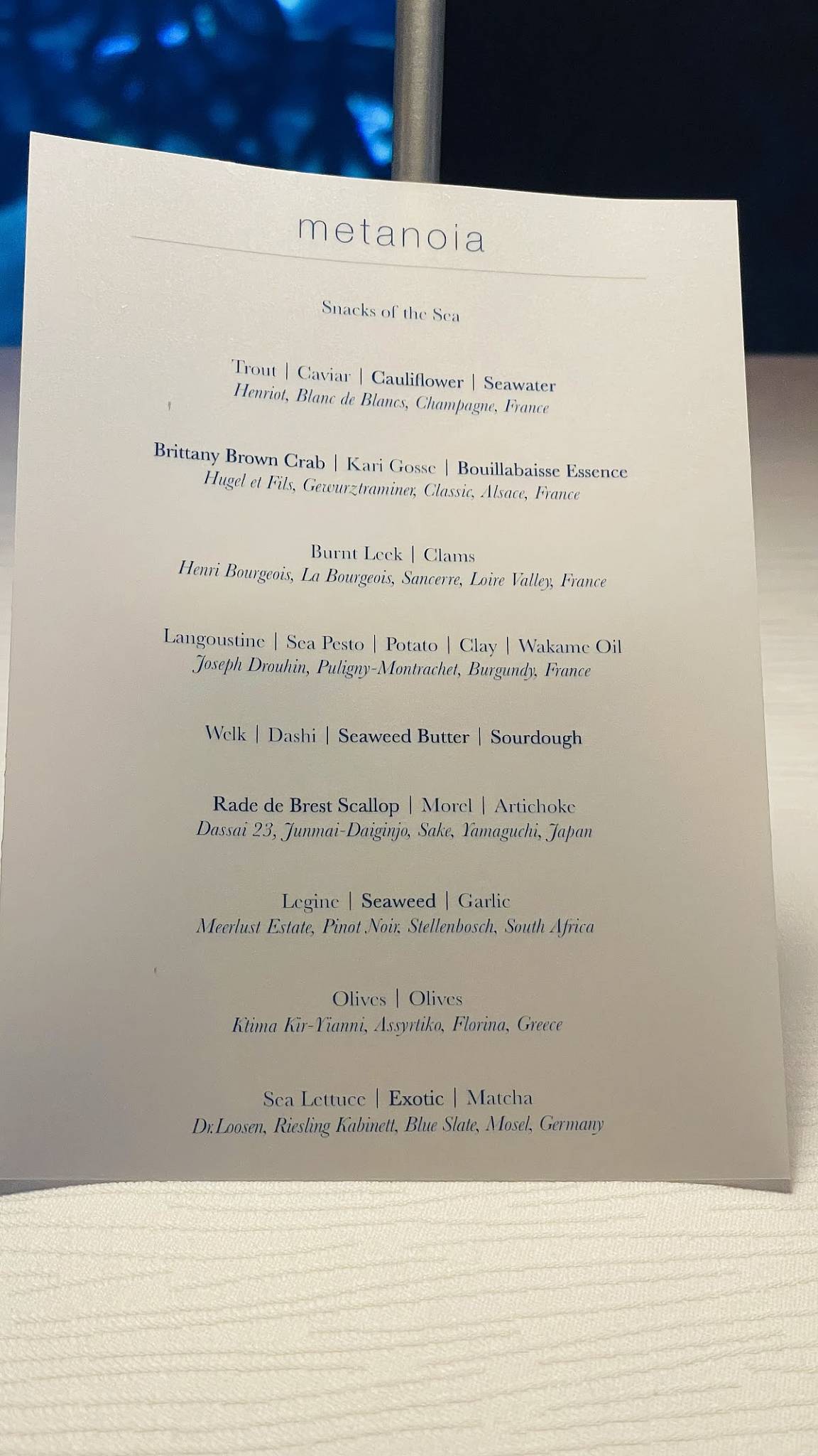 Menu at Ossiano restaurant, Dubai