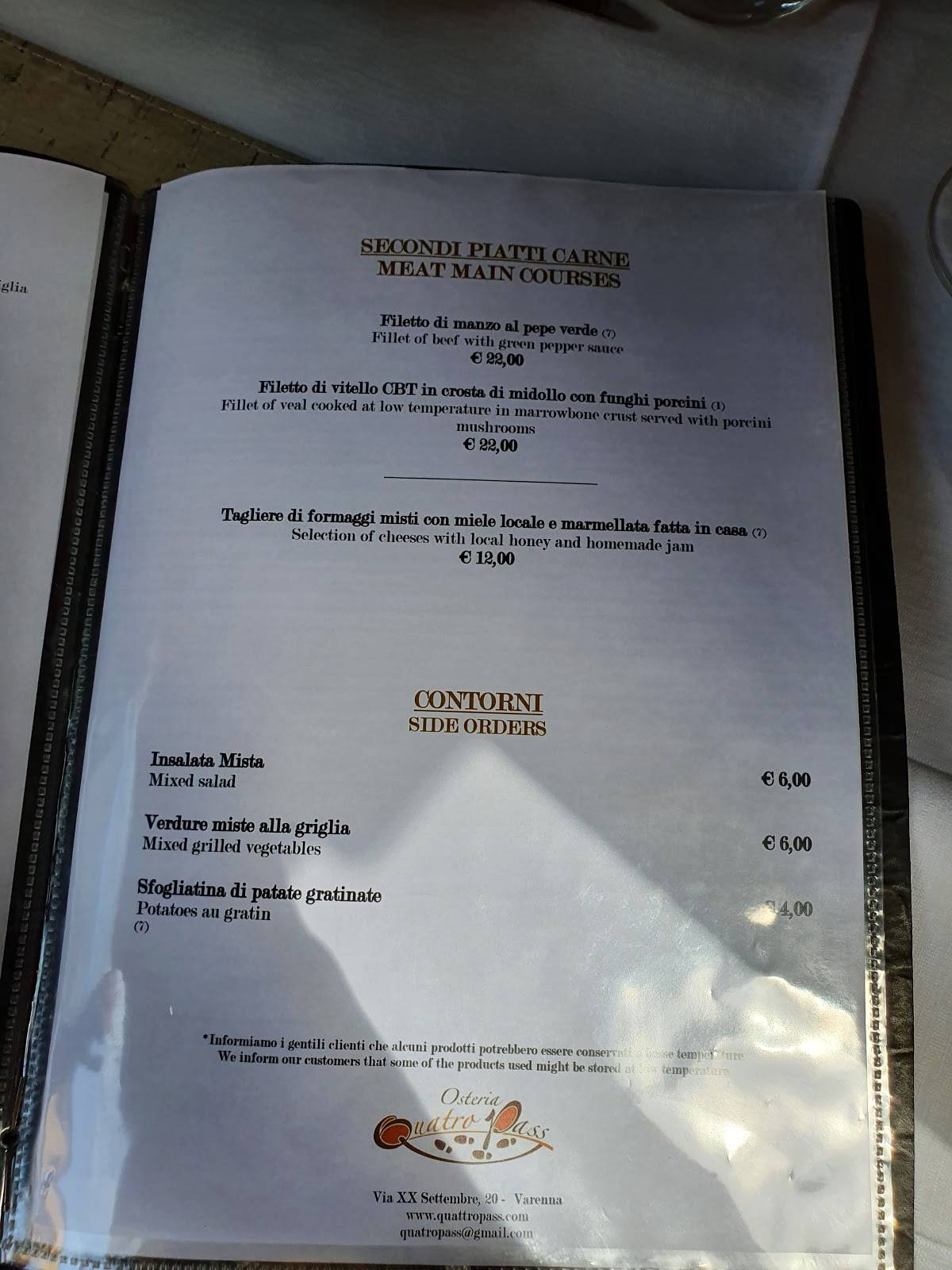 Menu at Osteria Quatro Pass restaurant, Varenna