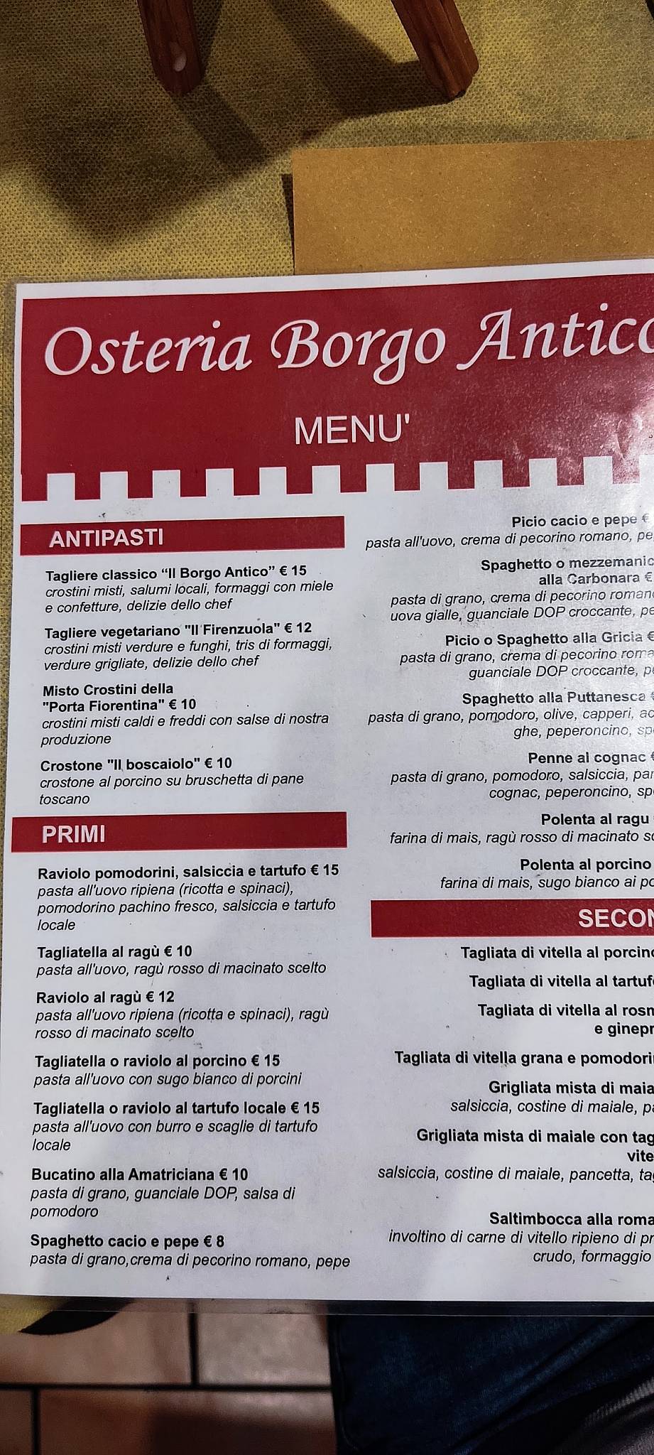 Menu at Osteria Toscana e Romana Borgo Antico restaurant, Sansepolcro