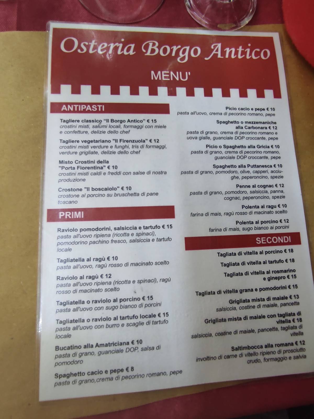 Menu at Osteria Toscana e Romana Borgo Antico restaurant, Sansepolcro