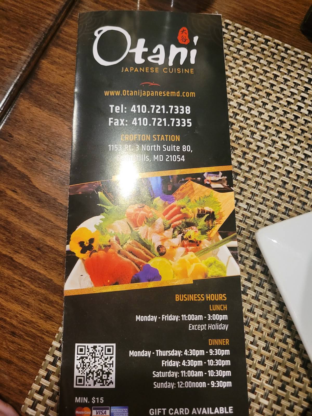 Carta del restaurante Otani Japanese Cuisine, Crofton