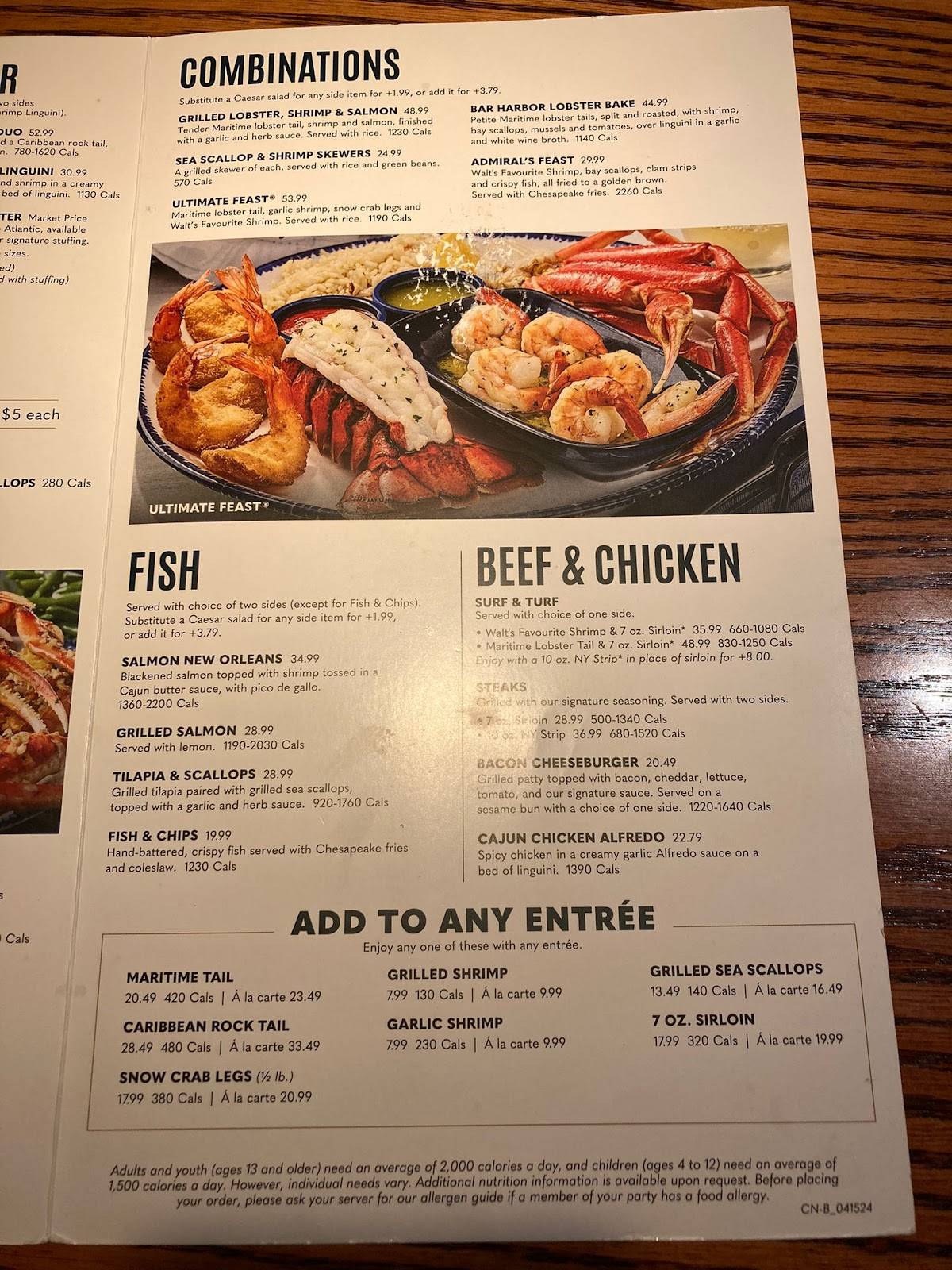 Menu at Red Lobster restaurant, Ottawa, St. Laurent Blvd