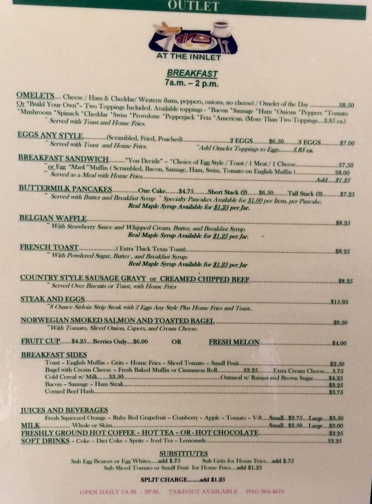 Menu at Outlet Restaurant, Boca Grande