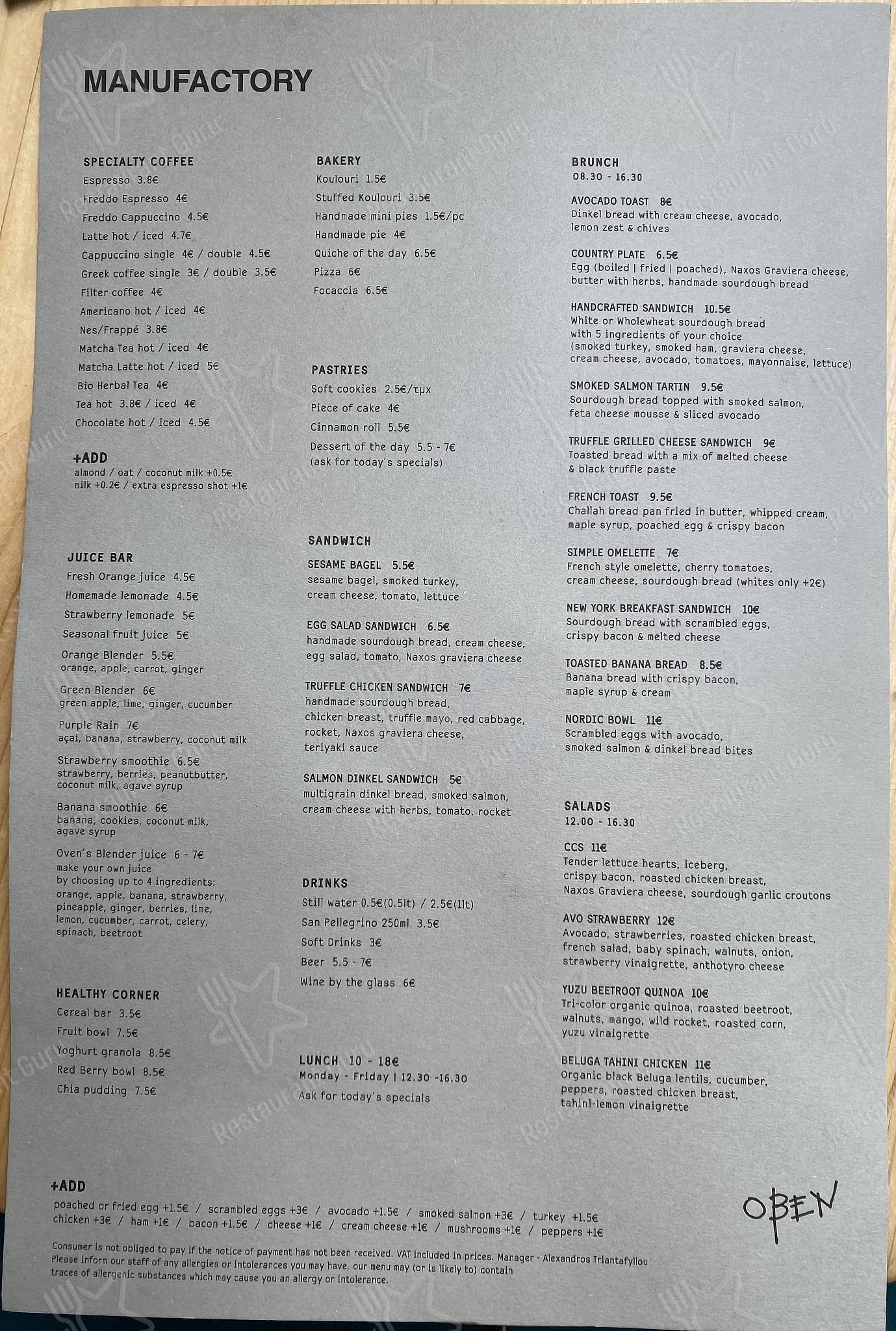 Menu at Oven Manufactory, Glyfada