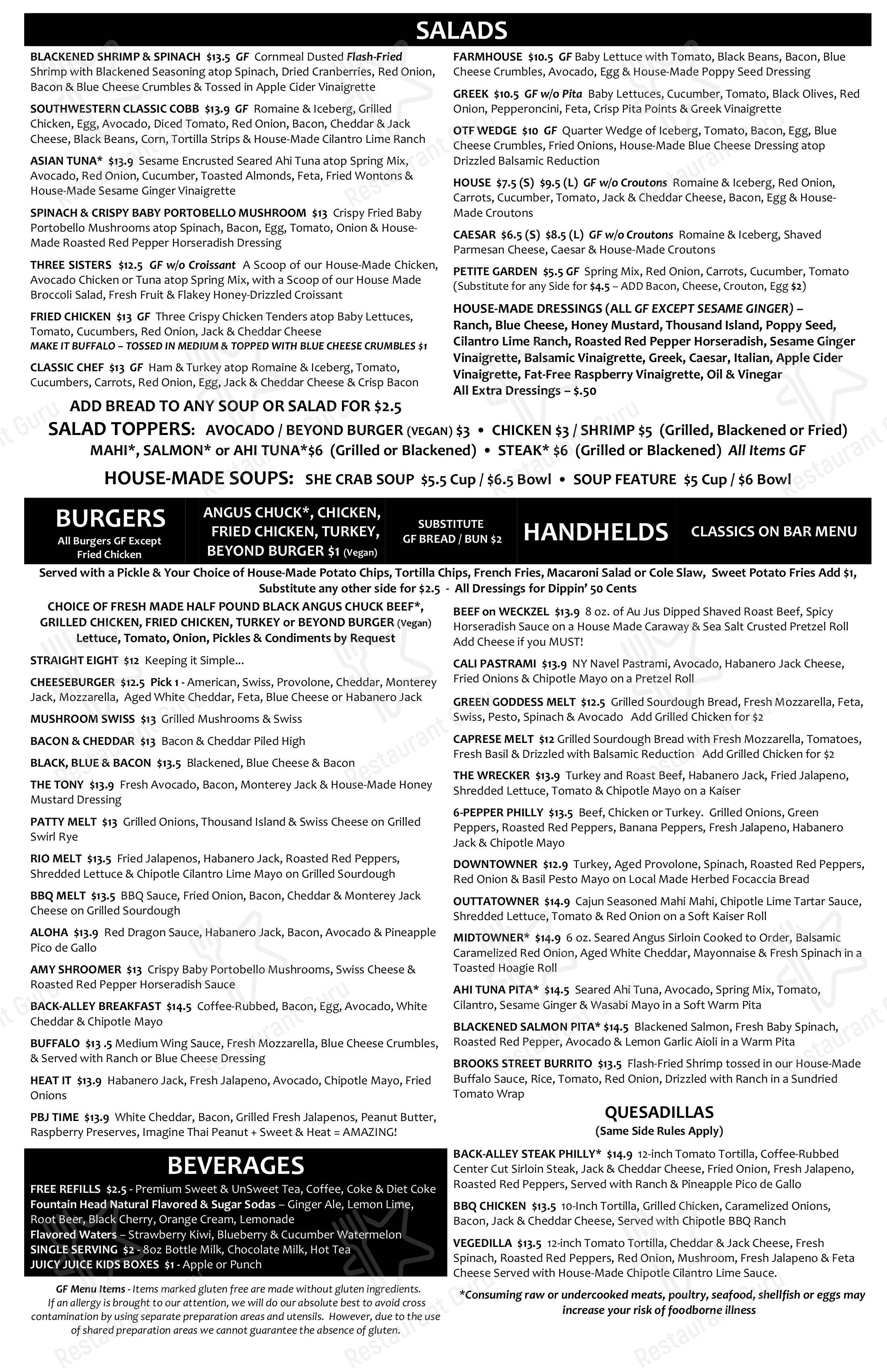 Menu at Over the Falls restaurant, Wake Forest, 419 Brooks St