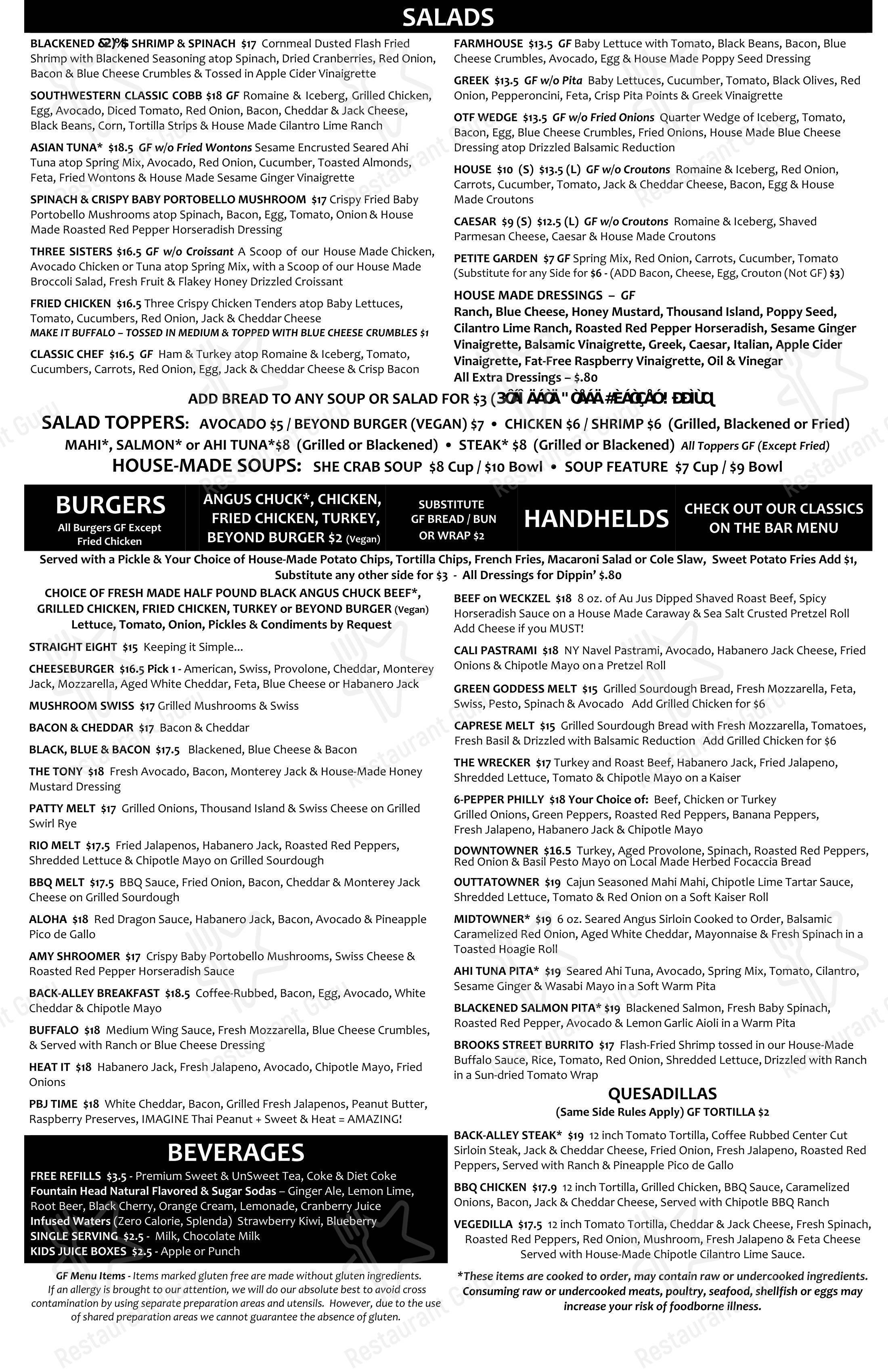 Menu at Over the Falls restaurant, Wake Forest, 419 Brooks St