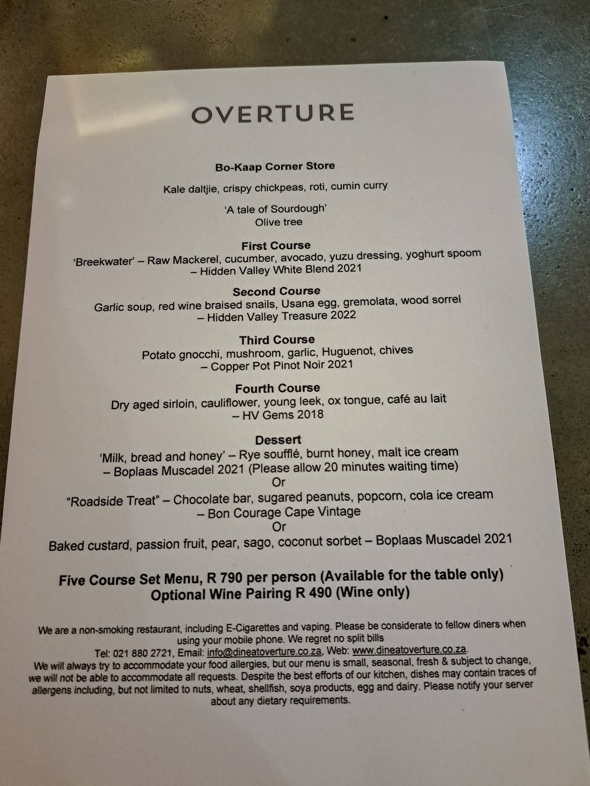 Menu at Overture restaurant, Stellenbosch