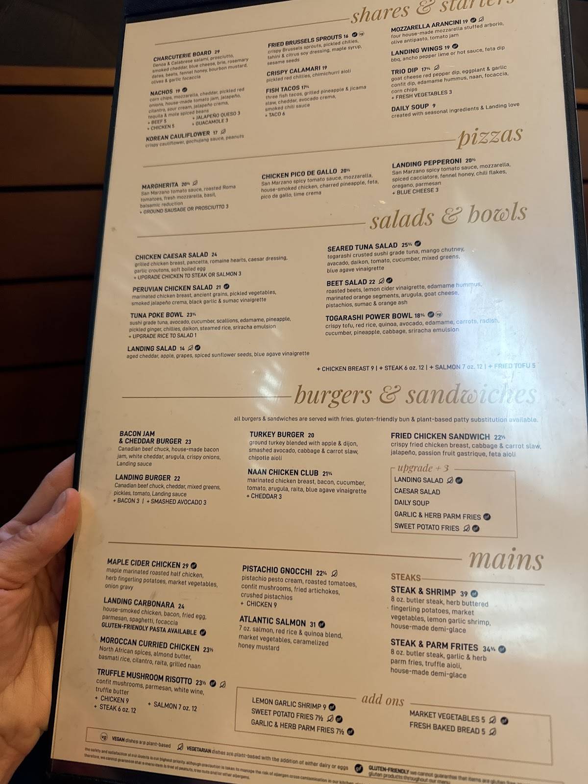 Menu at Owens Landing restaurant, Calgary