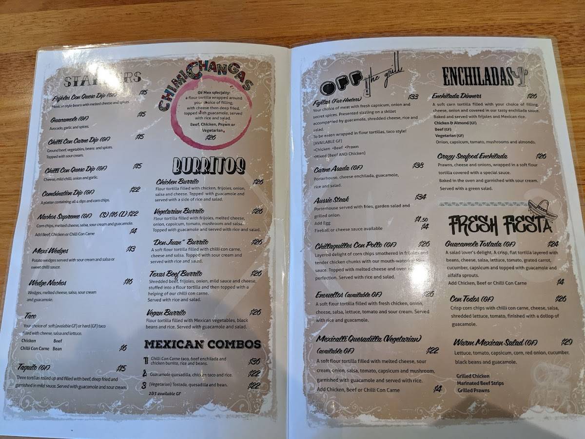 Menu at Oz Mex restaurant, Bairnsdale