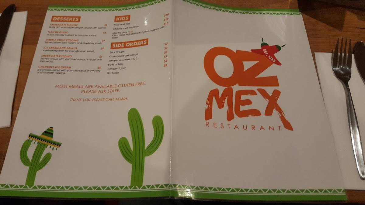 Menu at Oz Mex restaurant, Bairnsdale