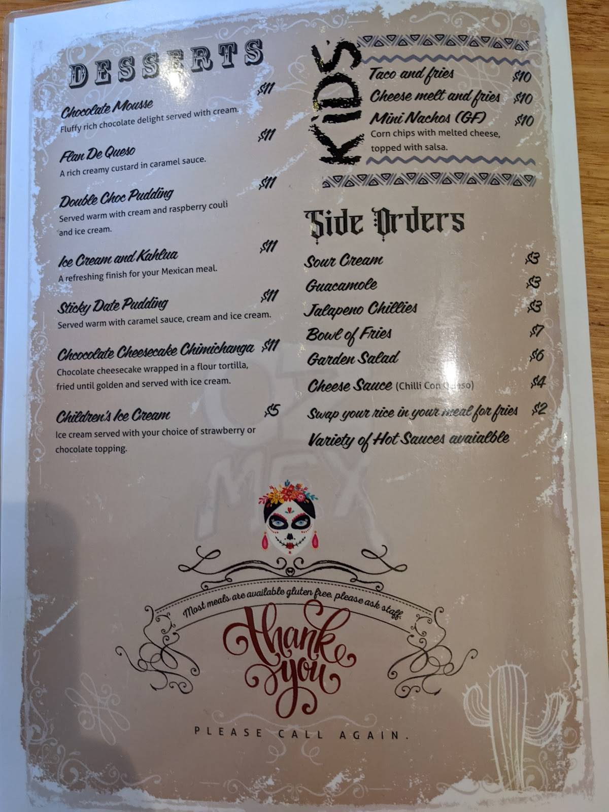 Menu at Oz Mex restaurant, Bairnsdale