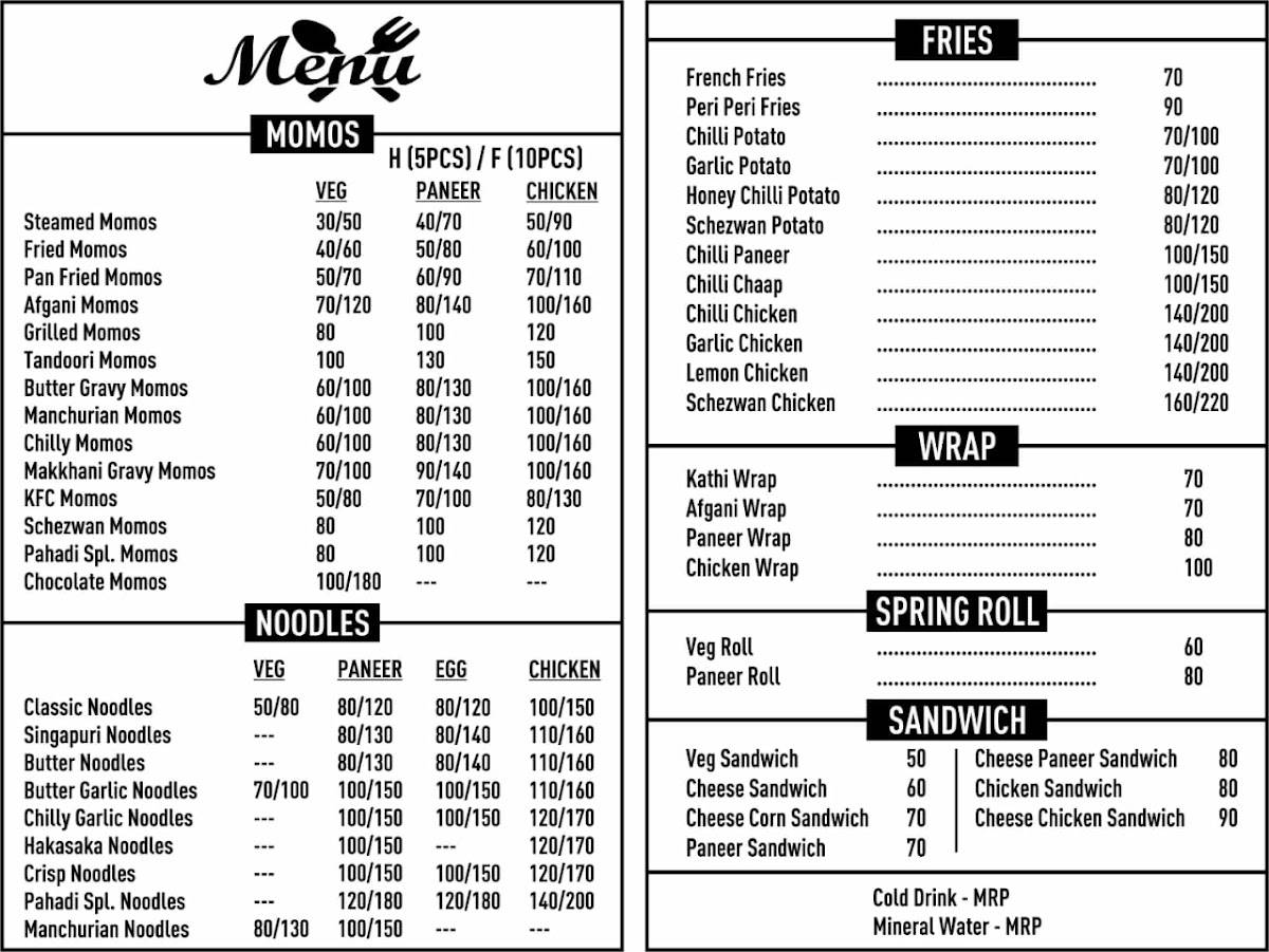 Menu at PAHADI HUB, Delhi