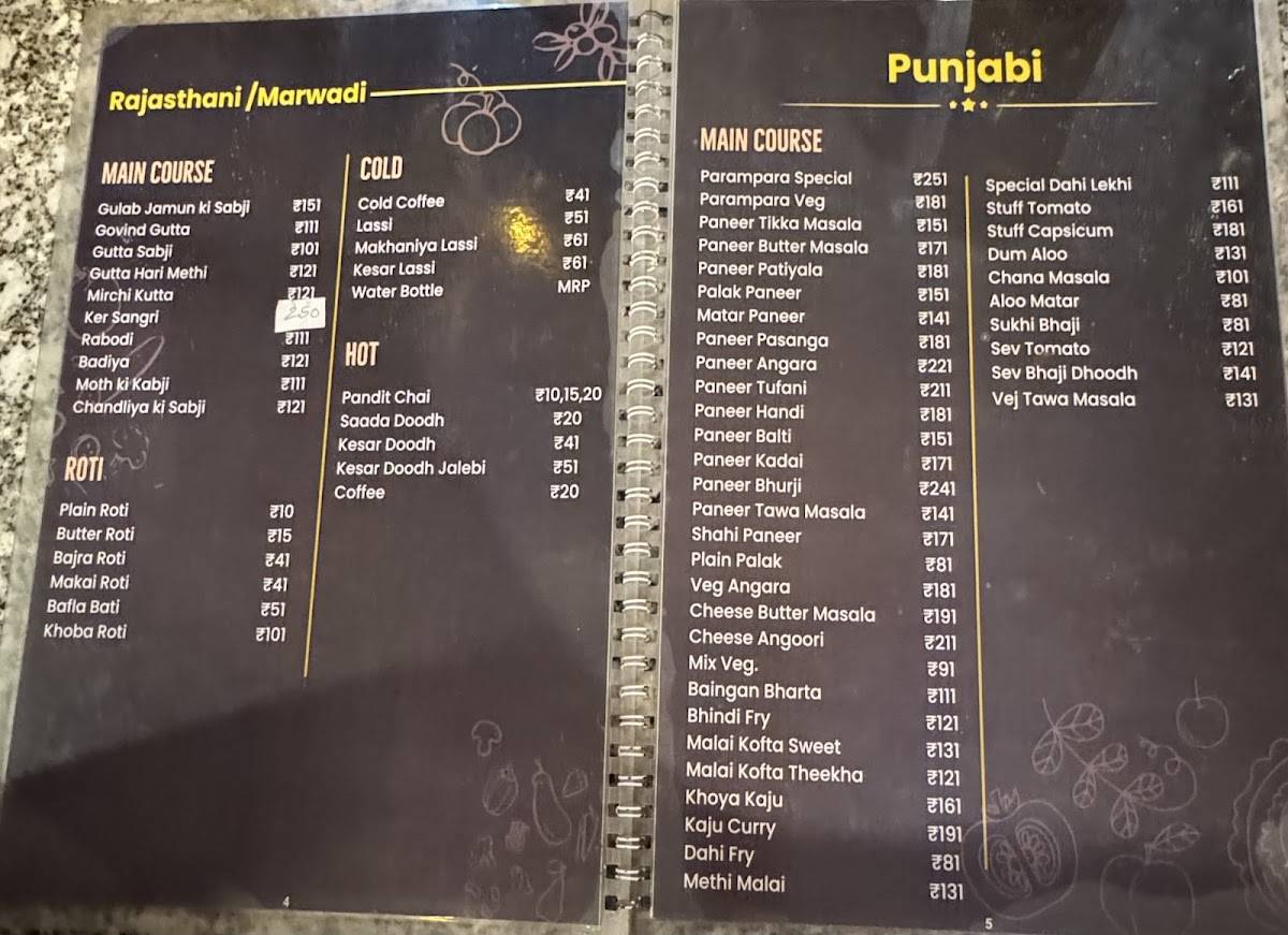 Menu at PARAMPARA, Chittorgarh