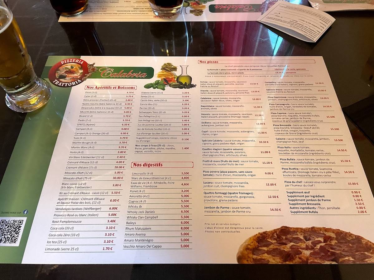 Menu au Pizzeria Calabria, Oberhoffen-sur-Moder