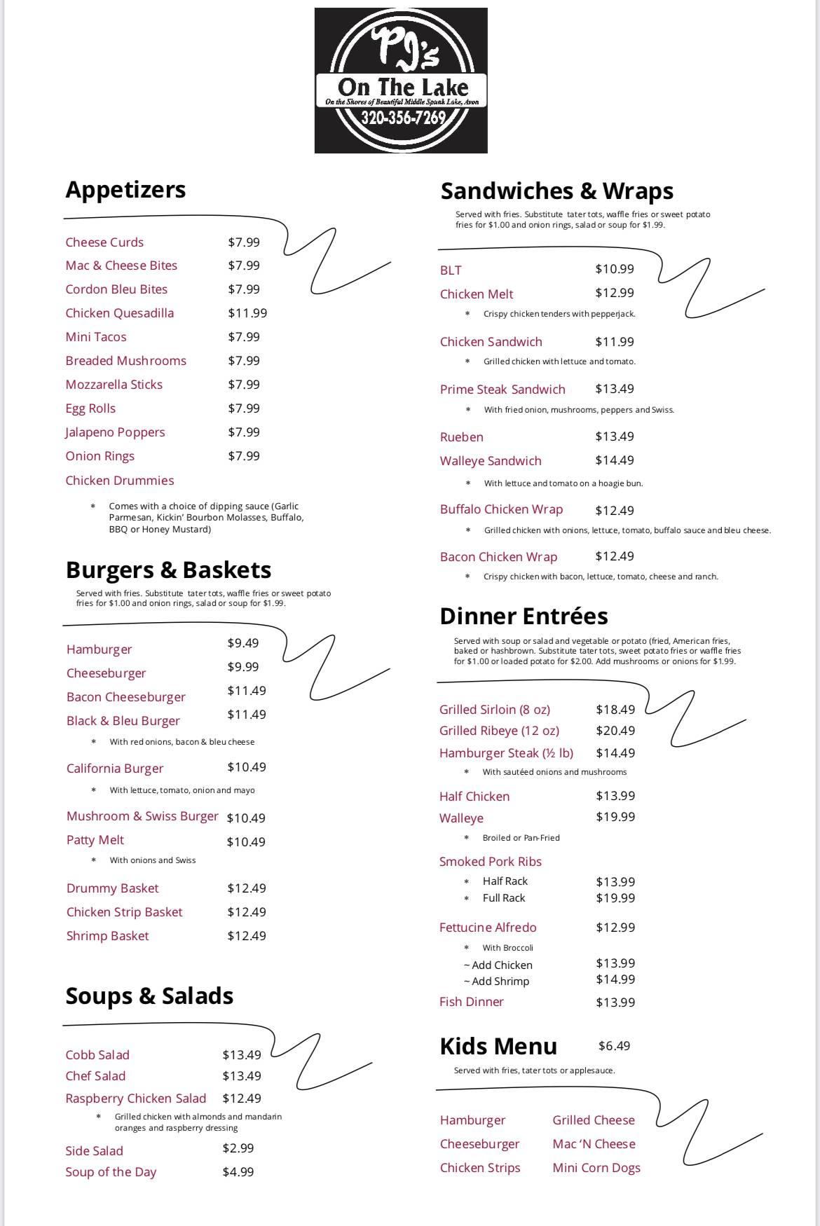Menu at PJ’s On The Lake restaurant, Avon